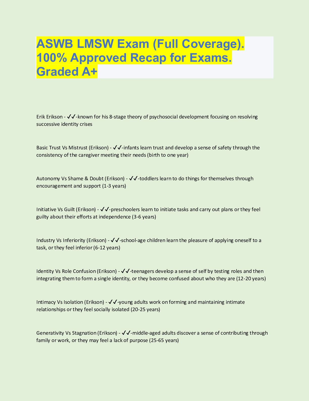 ASWB LMSW Exam (Full Coverage). 100% Approved Recap for Exams. Graded ...