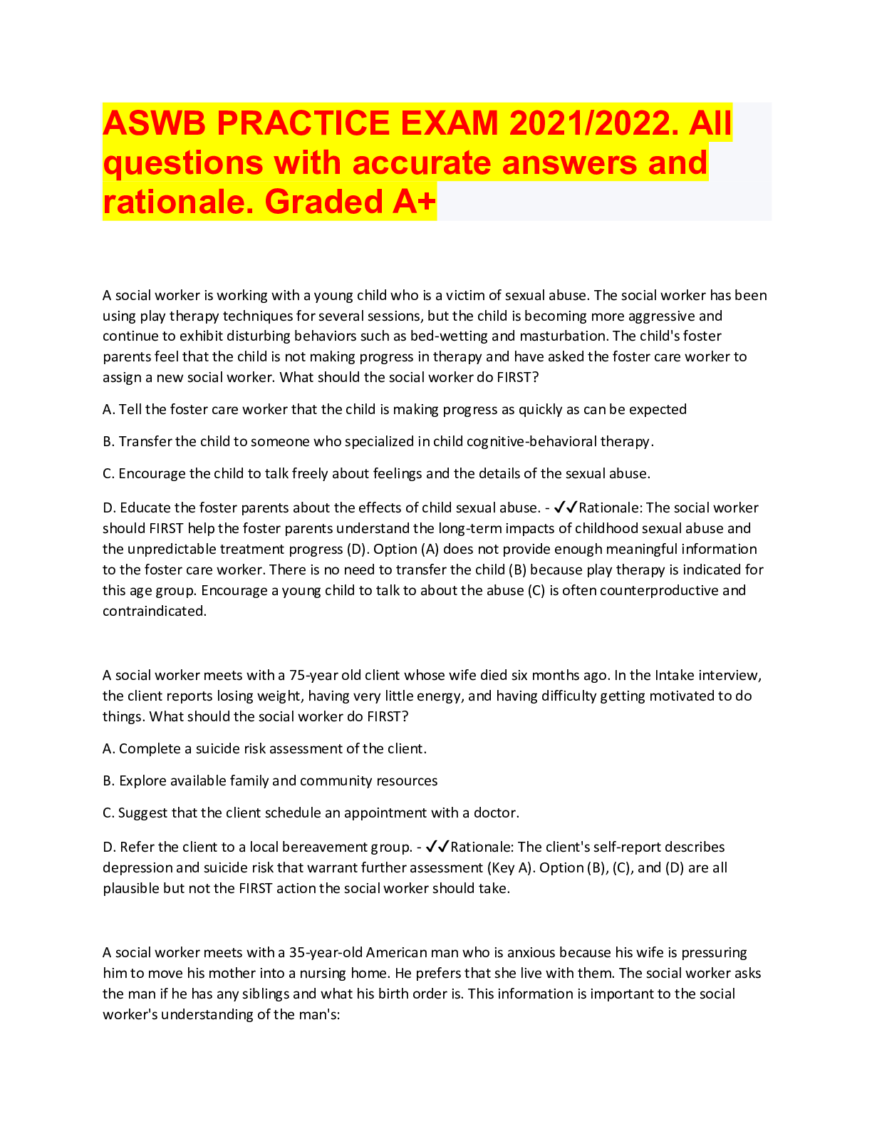 ASWB PRACTICE EXAM | All questions with accurate answers and rationale ...