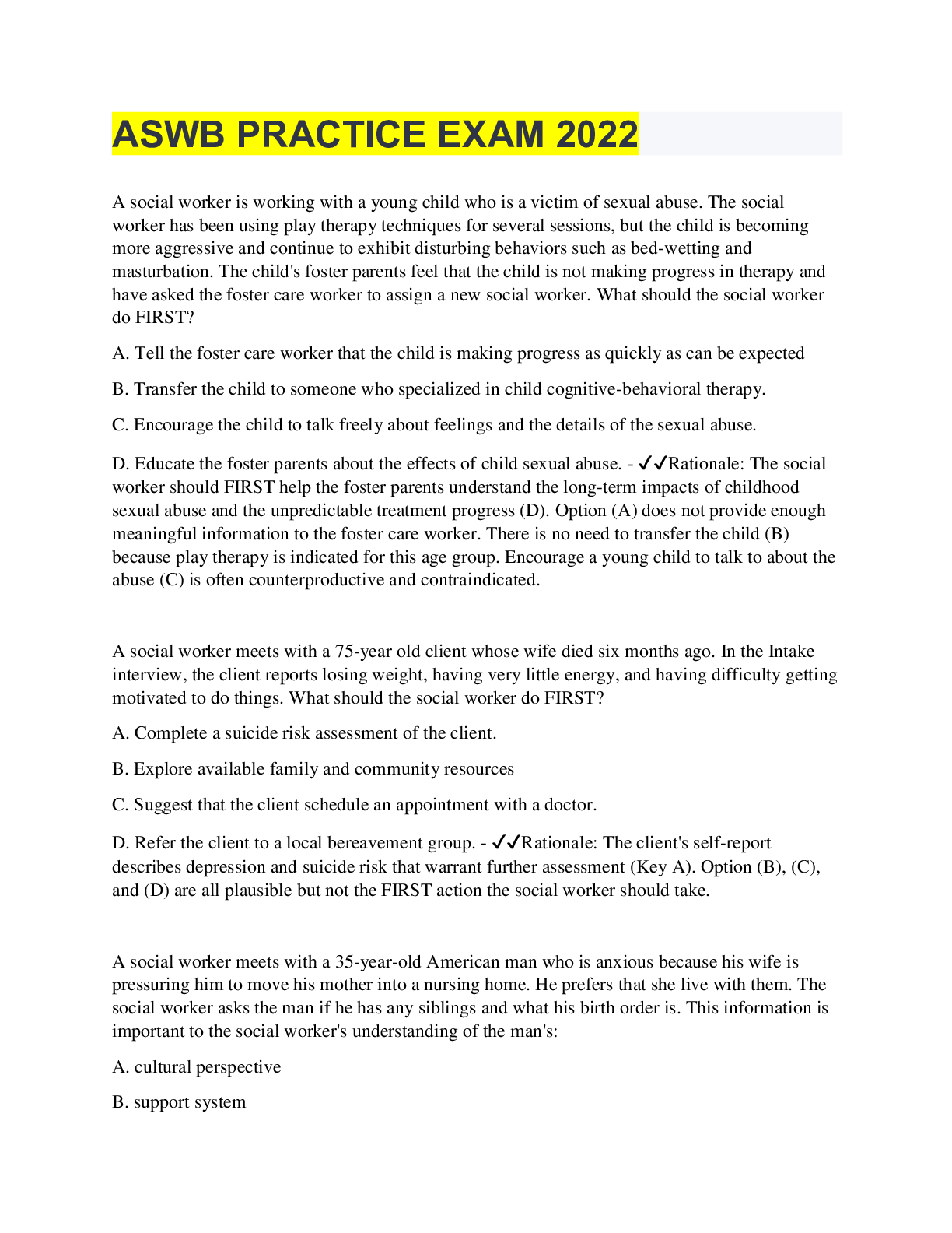 ASWB PRACTICE EXAM 2022 (latest update) Download to Score A+ ...