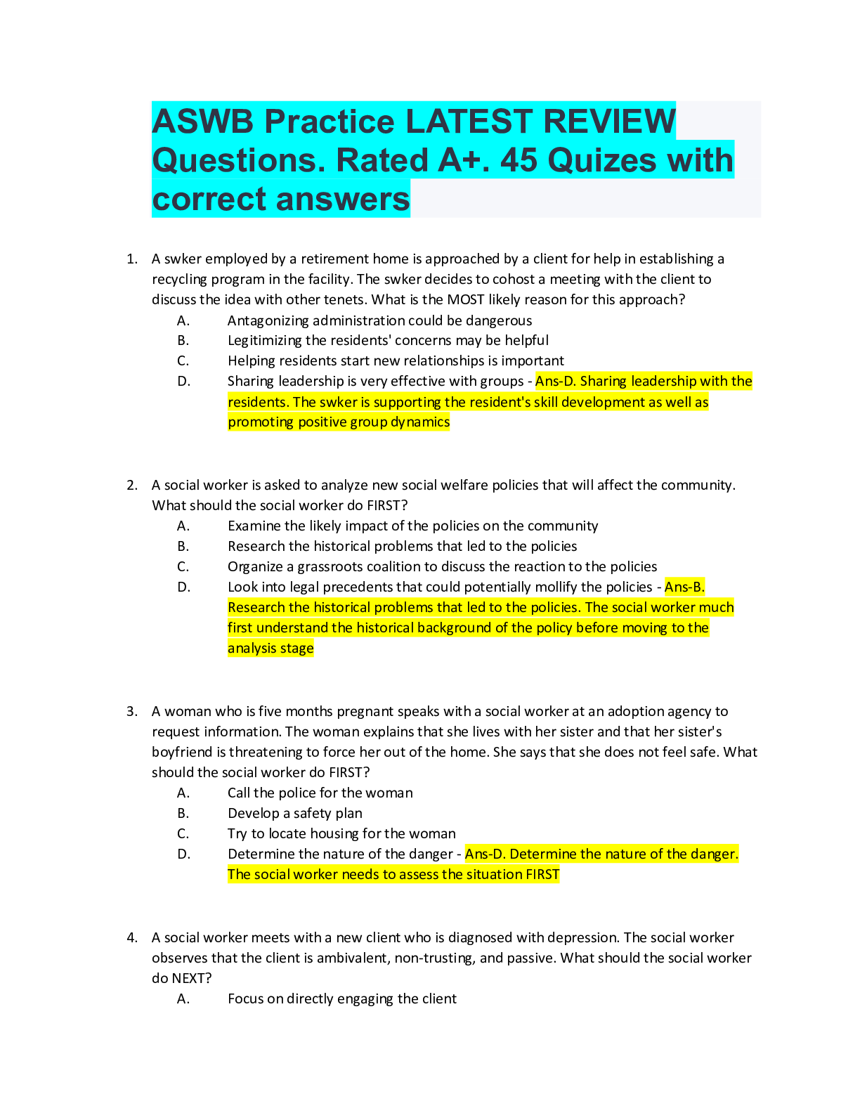 ASWB Practice LATEST REVIEW Questions. Rated A+. 45 Quizzes with ...