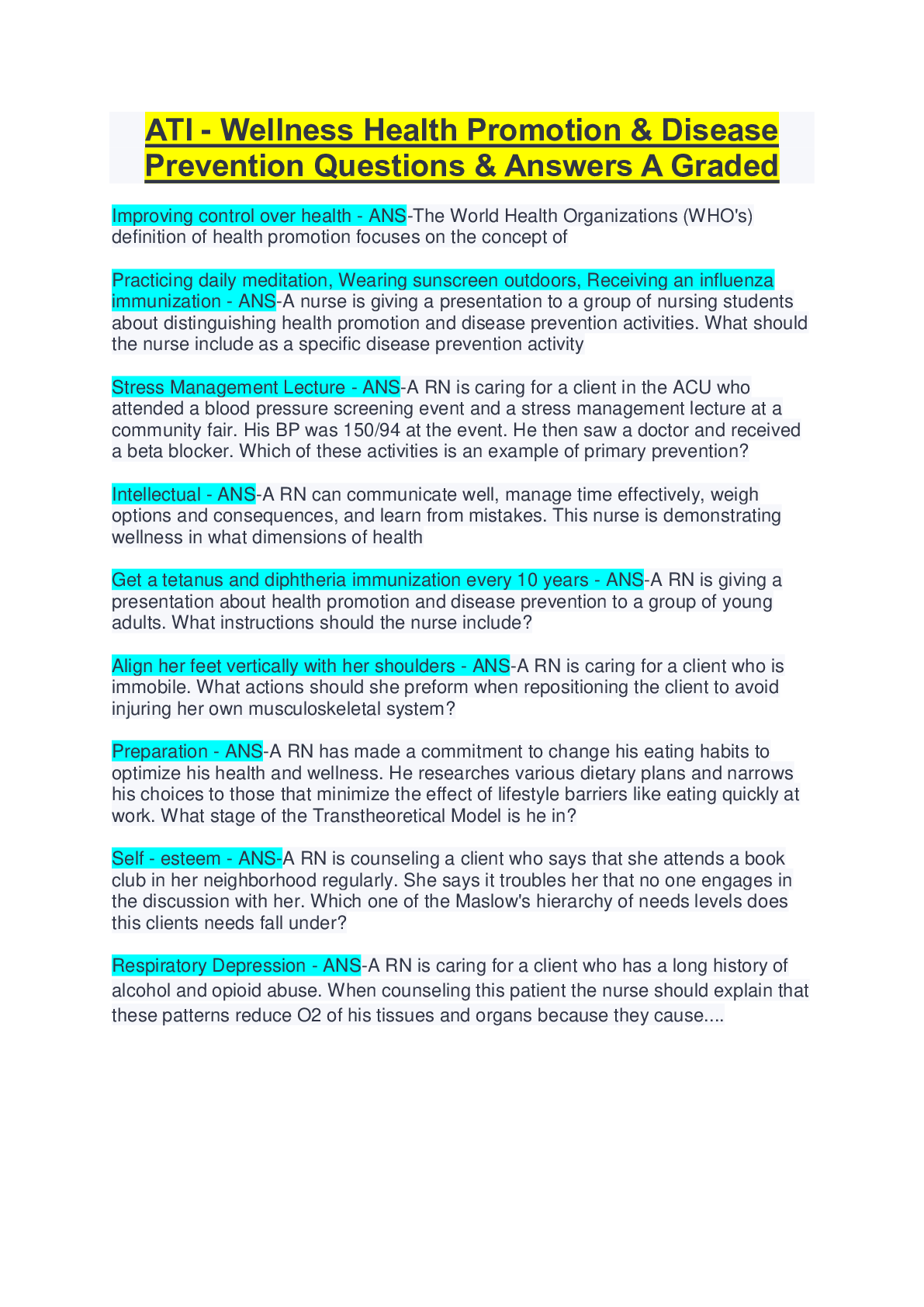 ATI - Wellness Health Promotion & Disease Prevention Questions ...