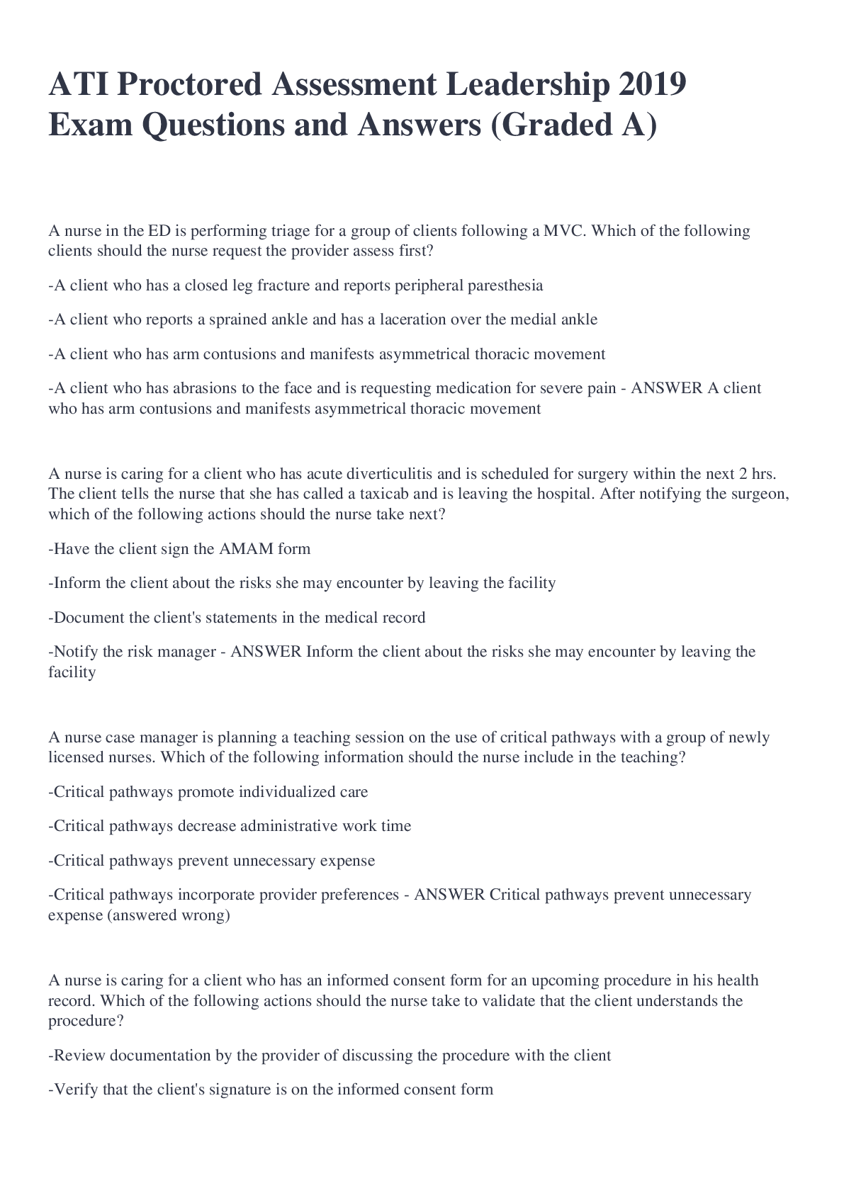 ATI Proctored Assessment Leadership 2019 Exam Questions and Answers ...