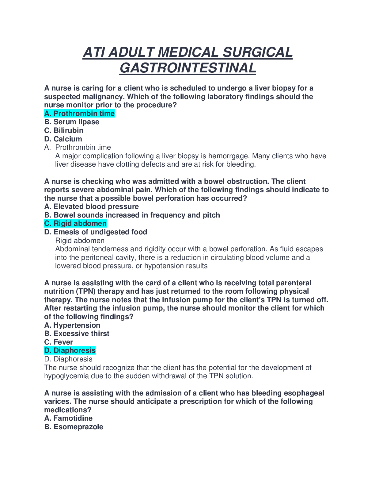 ATI ADULT MEDICAL SURGICAL GASTROINTESTINAL EXAM REVIEW QUESTIONS AND ...