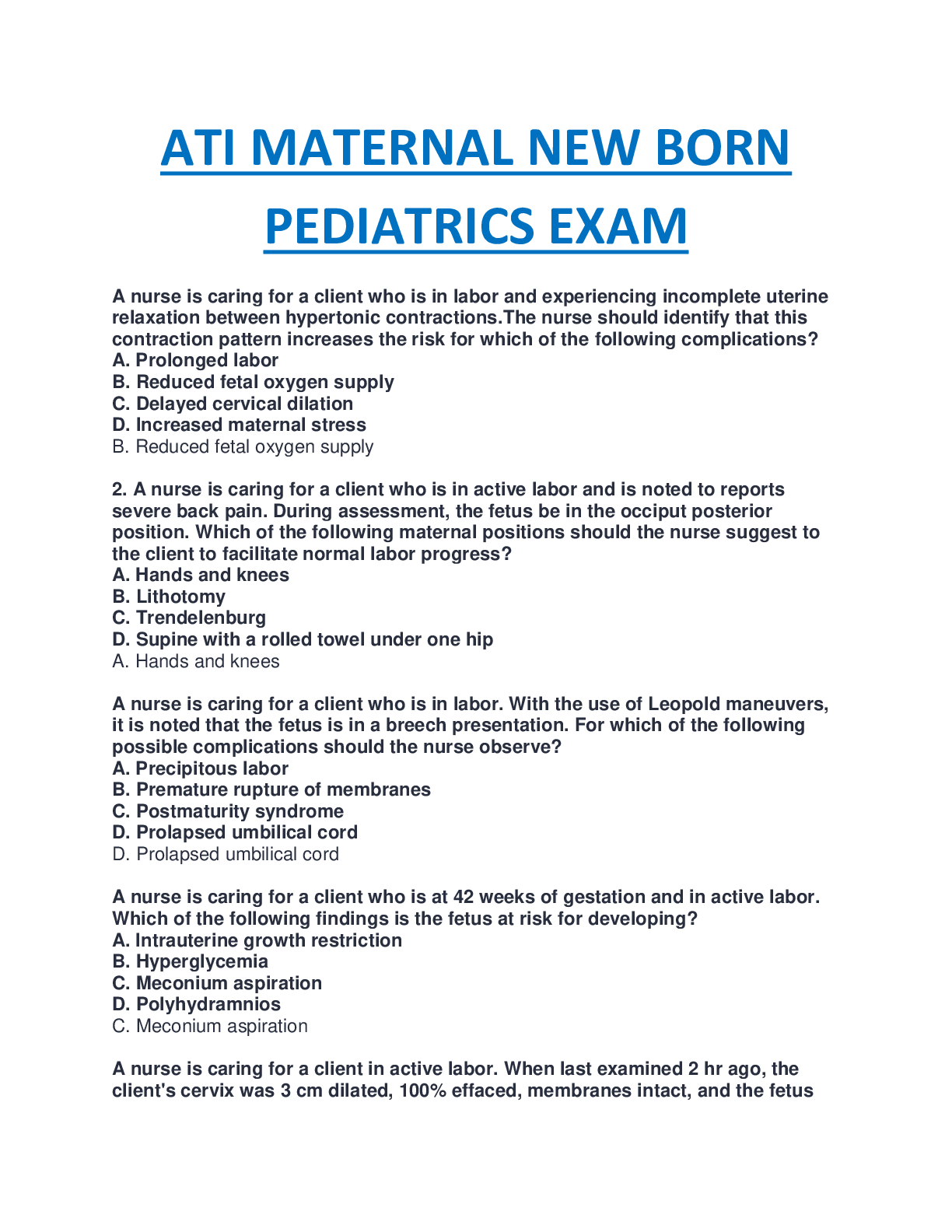 ATI MATERNAL NEW BORN PEDIATRICS EXAM COMPLETE GUIDE SOLUTION RATED AND ...