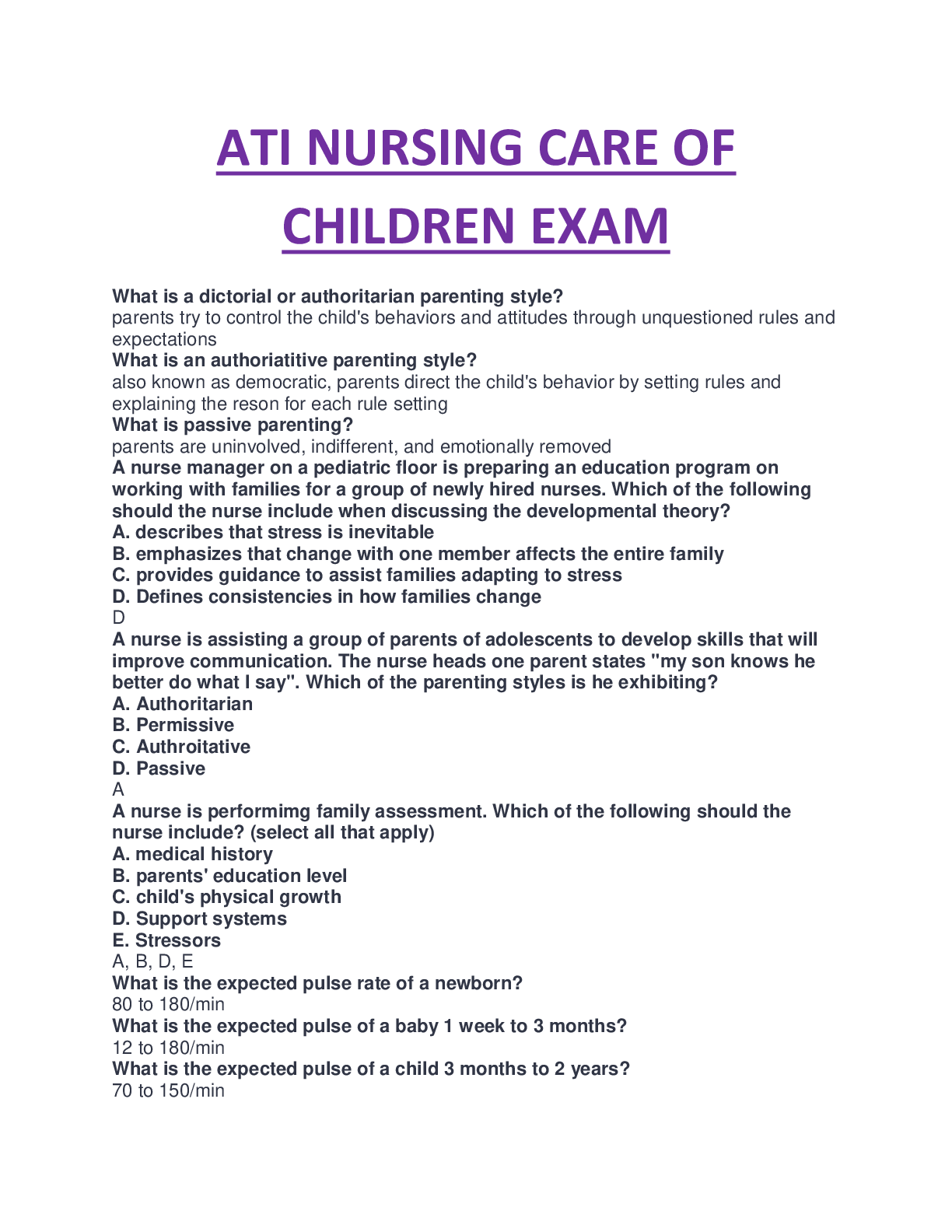 ATI NURSING CARE OF CHILDREN PROCTORED ACTUAL EXAM COMPLETE GUIDE ...