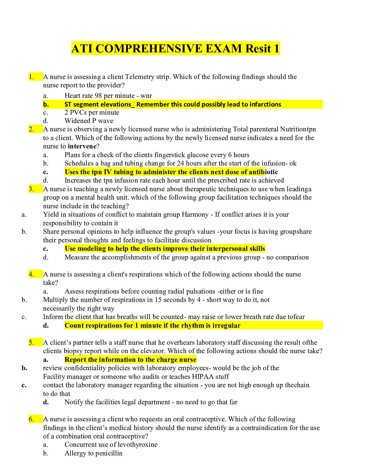ATI COMPREHENSIVE EXAM Resit 1 - Scholarfriends