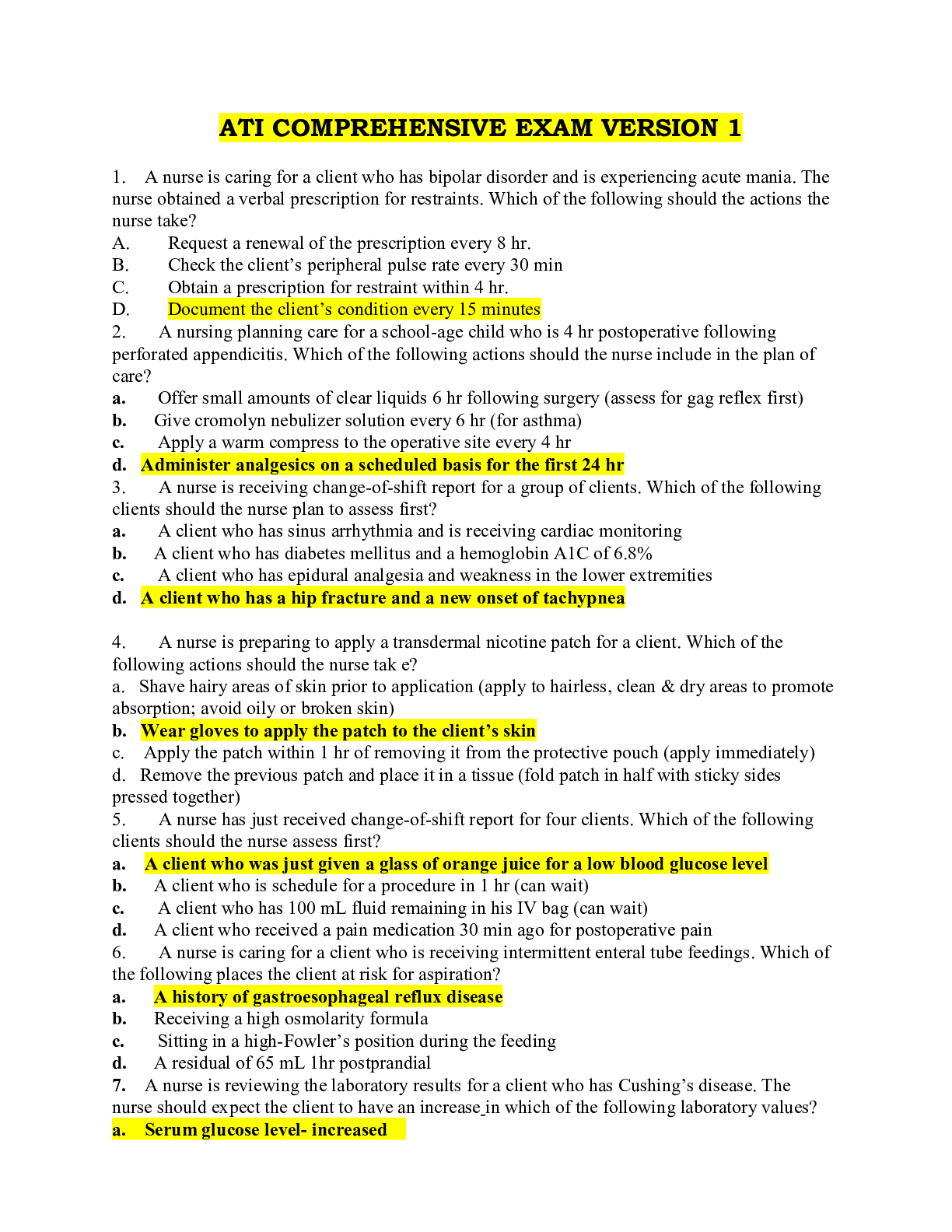 ATI COMPREHENSIVE EXAM VERSION 1 - Scholarfriends