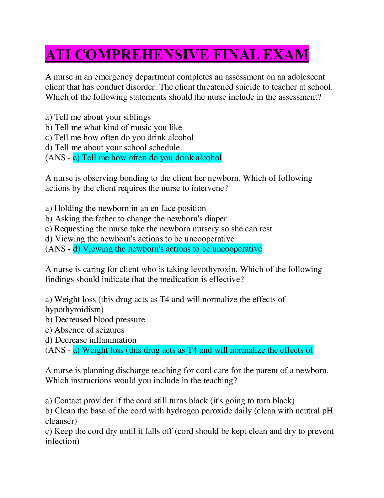 ATI COMPREHENSIVE FINAL EXAM / Latest Updated/ Questions & Answers ...