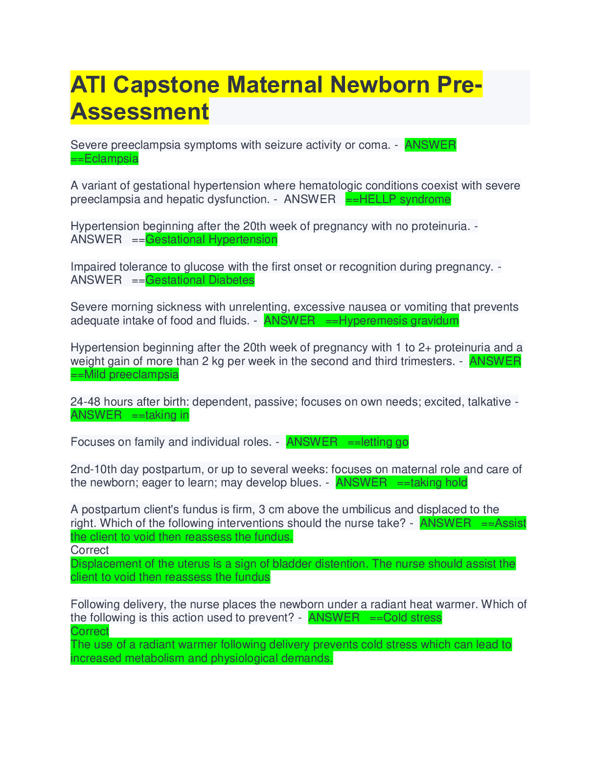 ATI Capstone Maternal Newborn Pre-Assessment – Scholarfriends ...