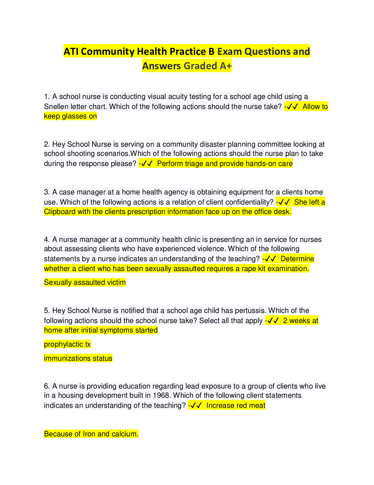 ATI Community Health Practice B Exam Questions and Answers Graded A+ ...