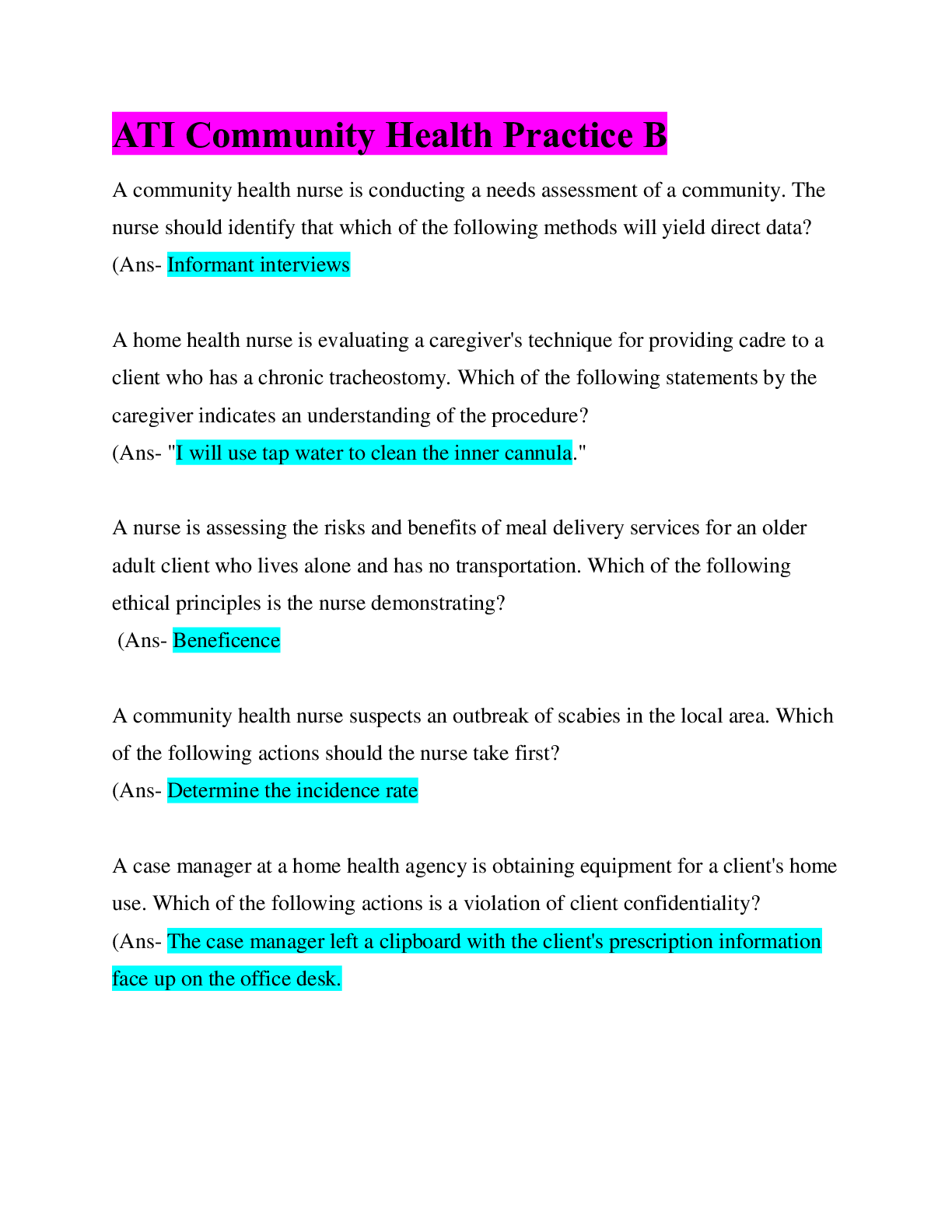 ATI Community Health Practice B; Questions & Answers; A+ Score ; Latest ...