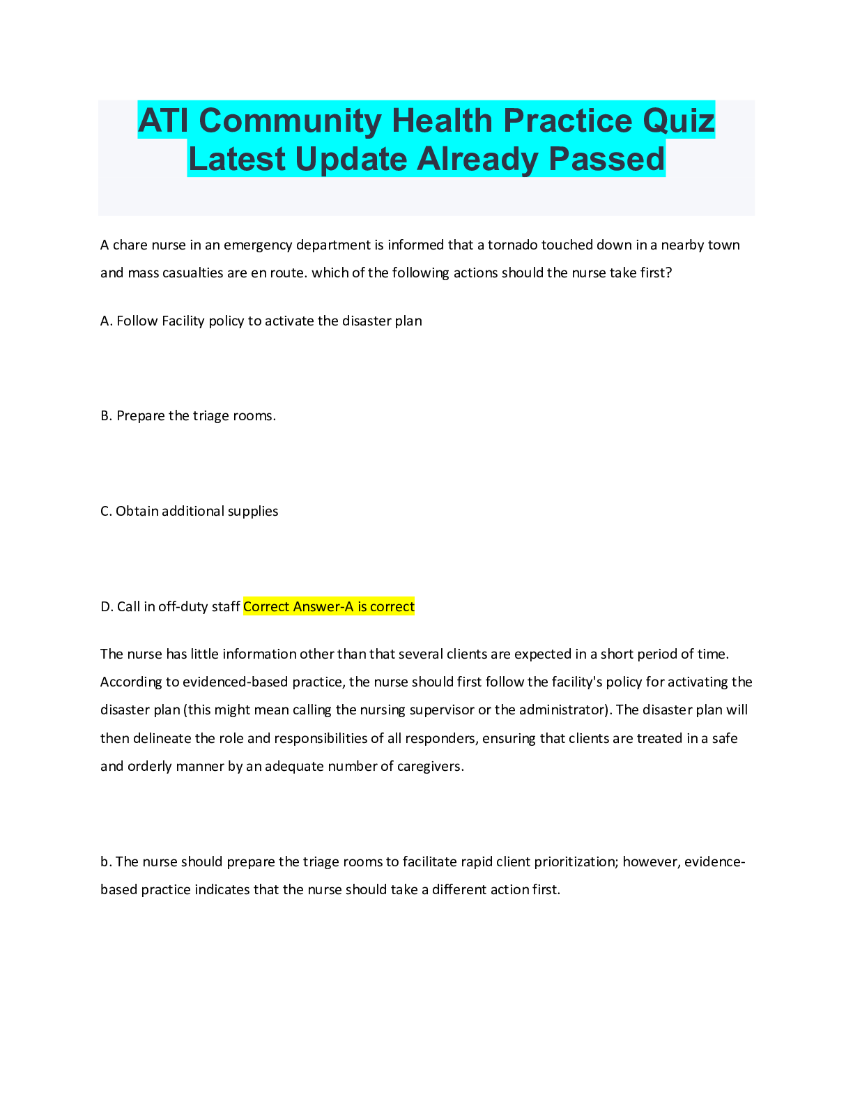 ATI Community Health Practice Quiz Latest Update Already Passed ...