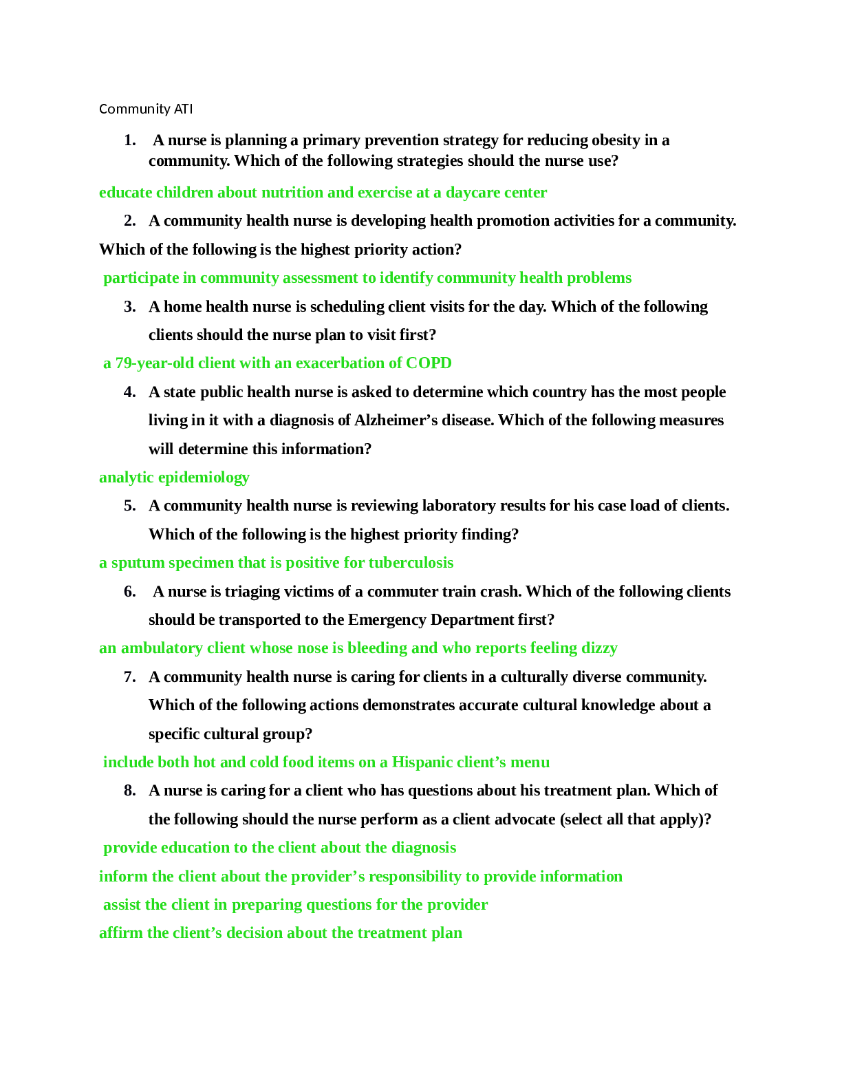 ATI Community Health Version 1 - Scholarfriends