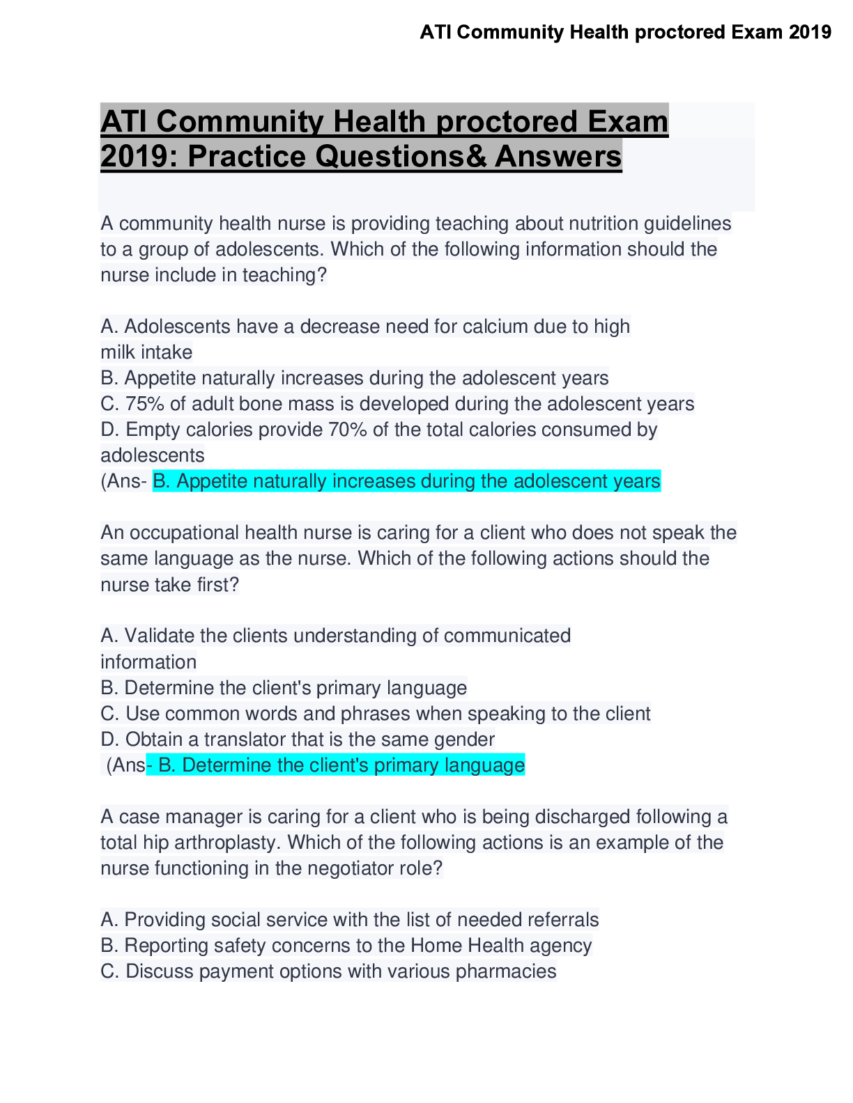 ATI Community Health proctored Exam 2019: Practice Questions& Answers ...