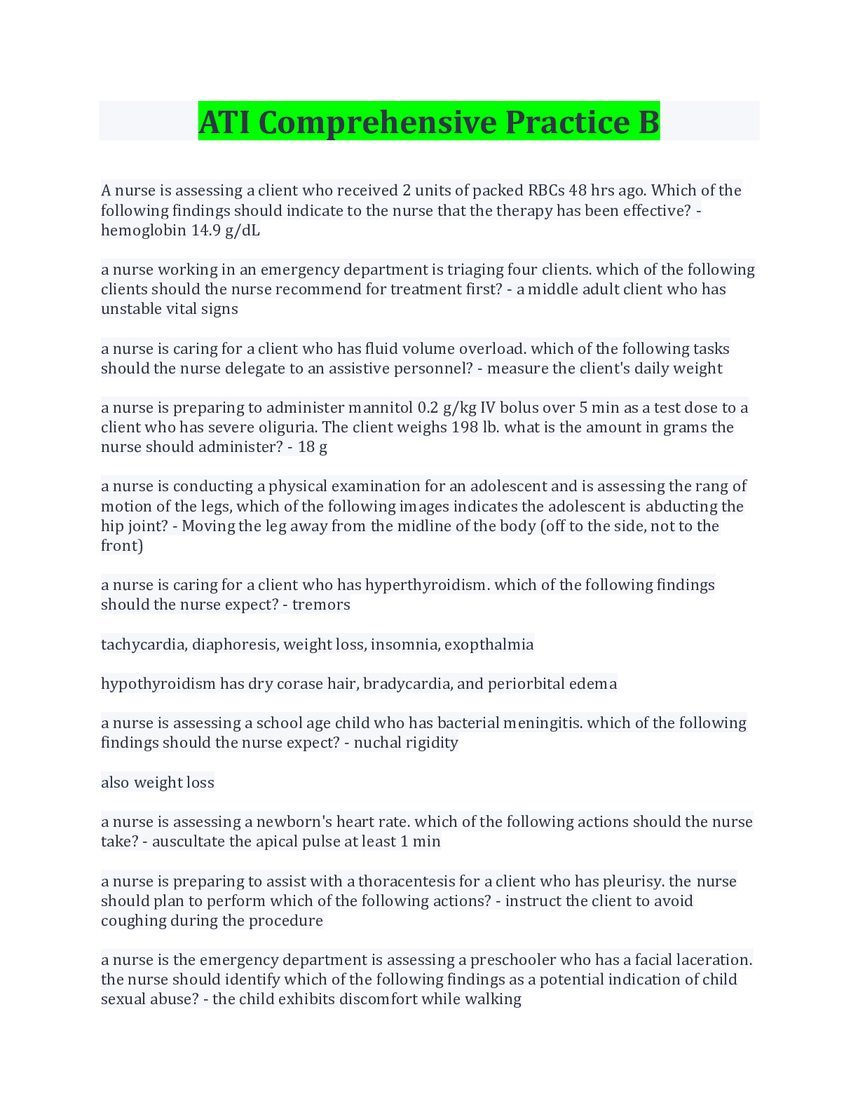 ATI comprehensive practice B/150 Questions and answers. - Scholarfriends