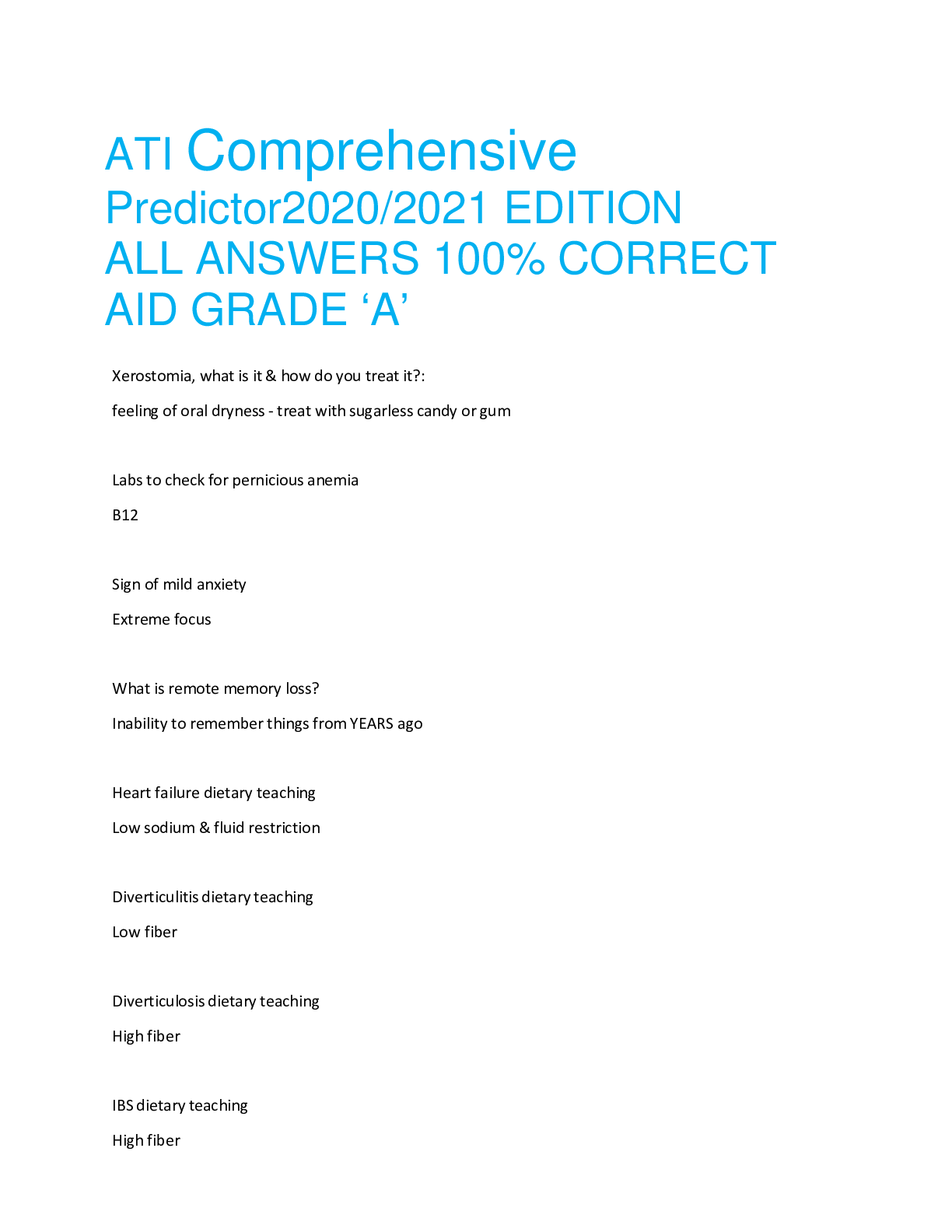 ATI Comprehensive Predictor2020/2021 EDITION ALL ANSWERS 100% CORRECT ...