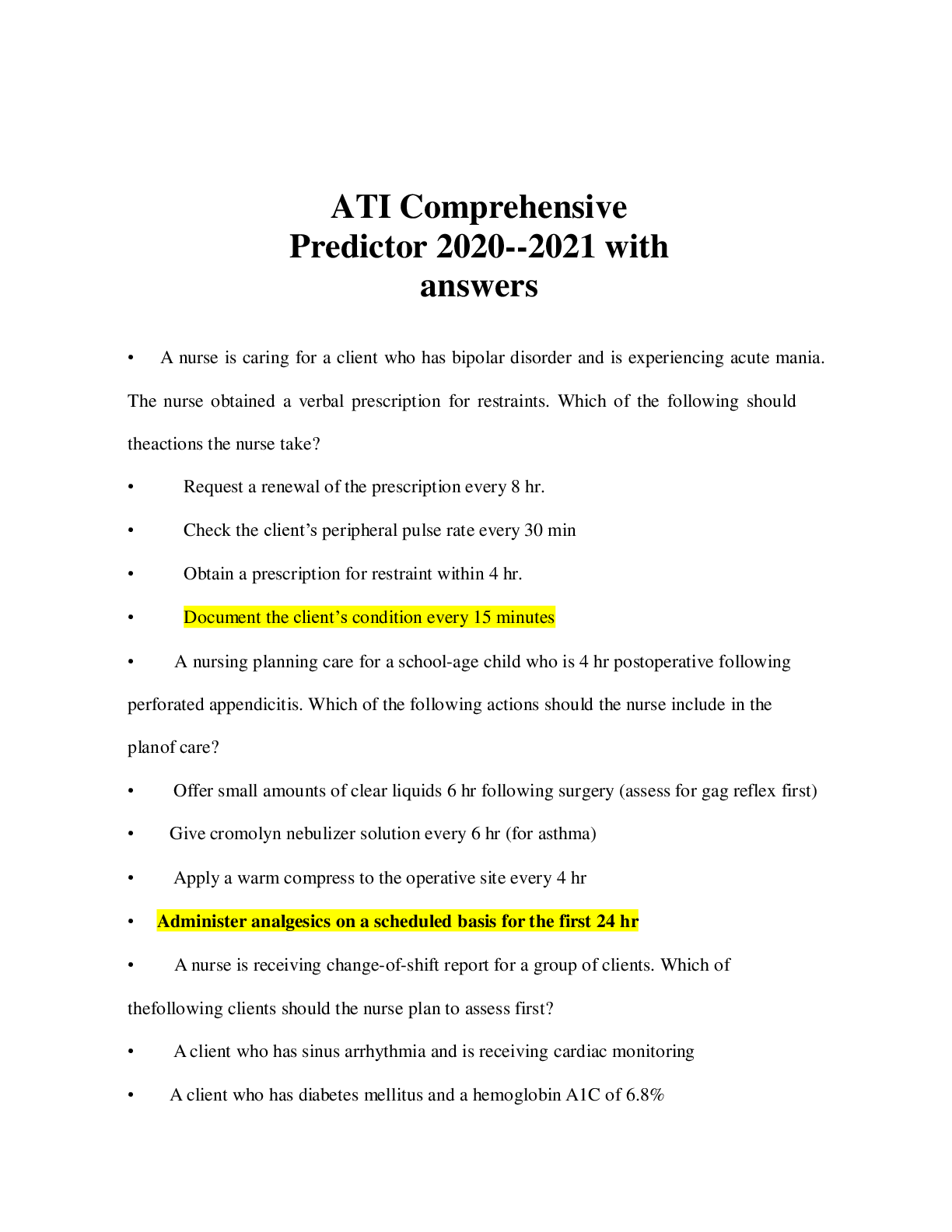 ATI Comprehensive Predictor 2020--2021 with answers - Scholarfriends