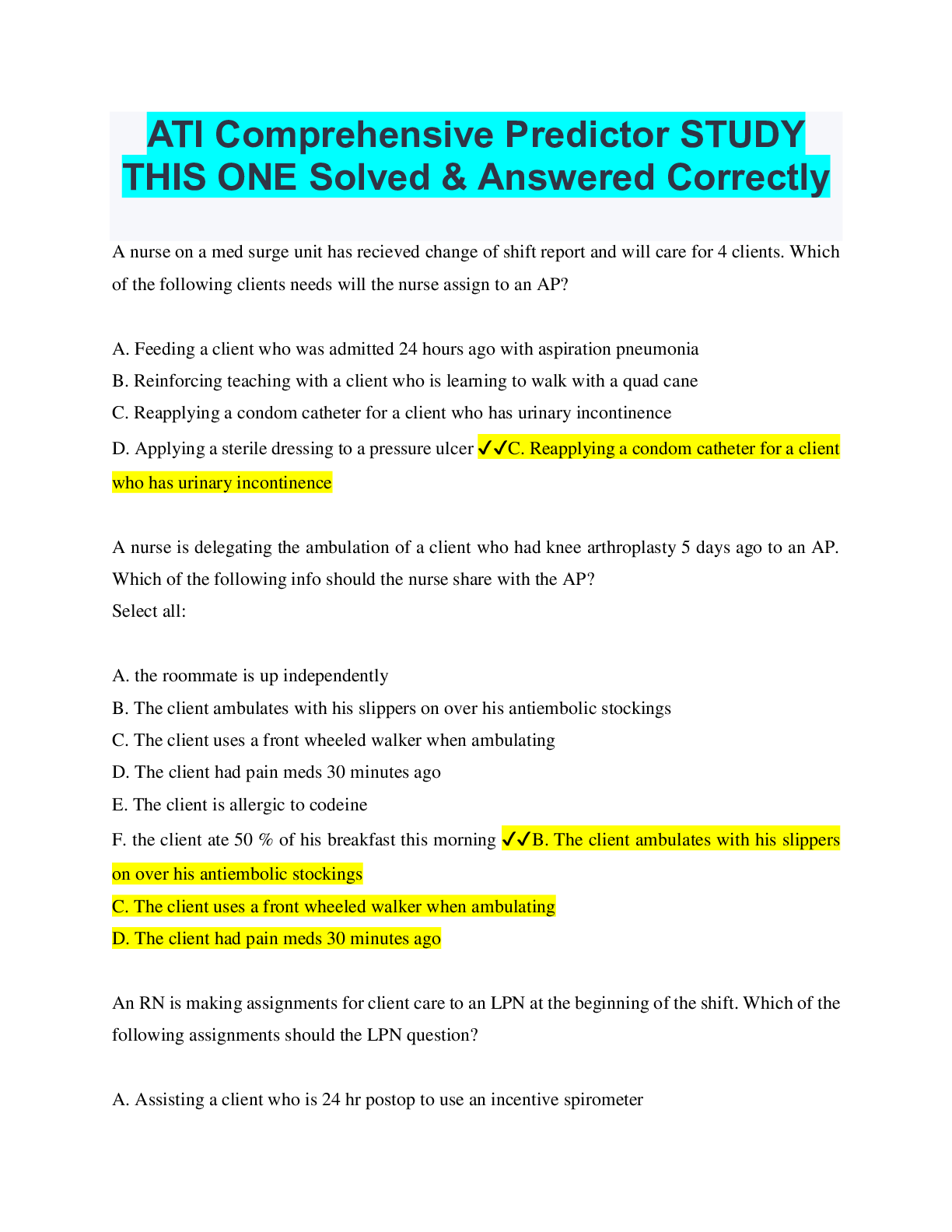 ATI Comprehensive Predictor STUDY THIS ONE Solved & Answered Correctly ...