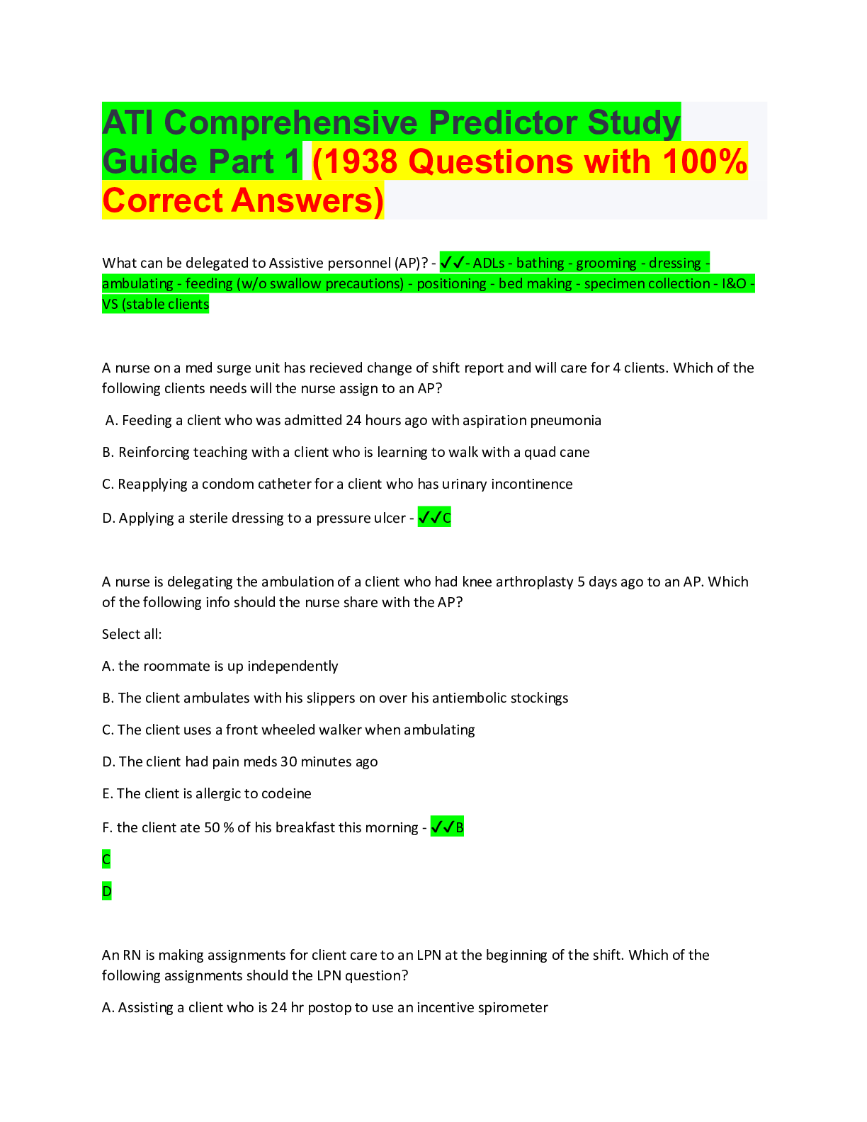 ATI Comprehensive Predictor Study Guide Part 1 (1938 Questions with 100 ...
