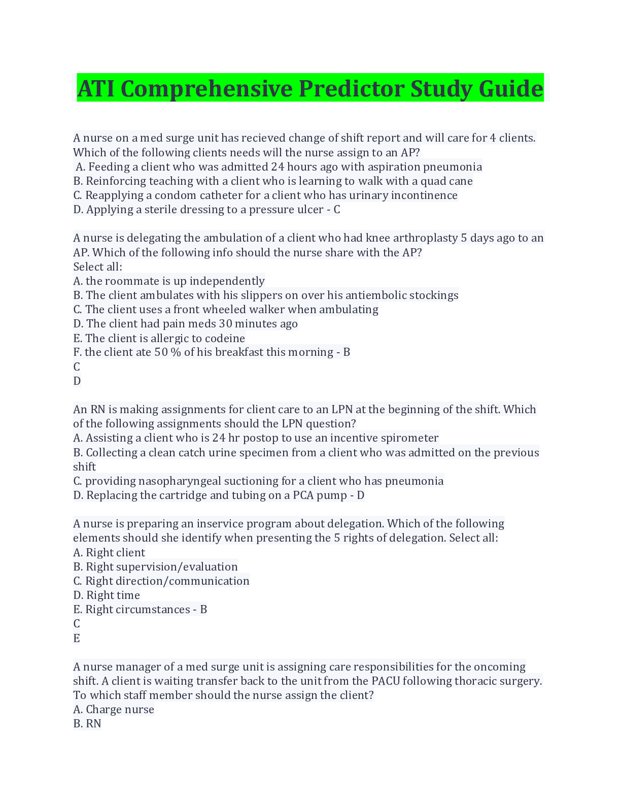 ATI Comprehensive Predictor Study Guide Questions And Answers( Complete ...