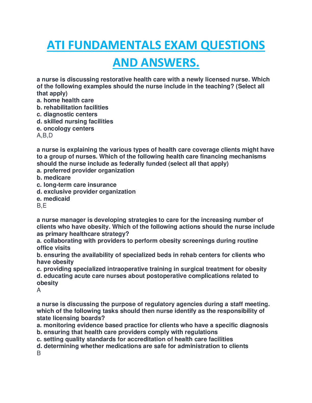 ATI FUNDAMENTALS EXAM QUESTIONS AND ANSWERS COMPLETE 2022/2023 SERIES ...