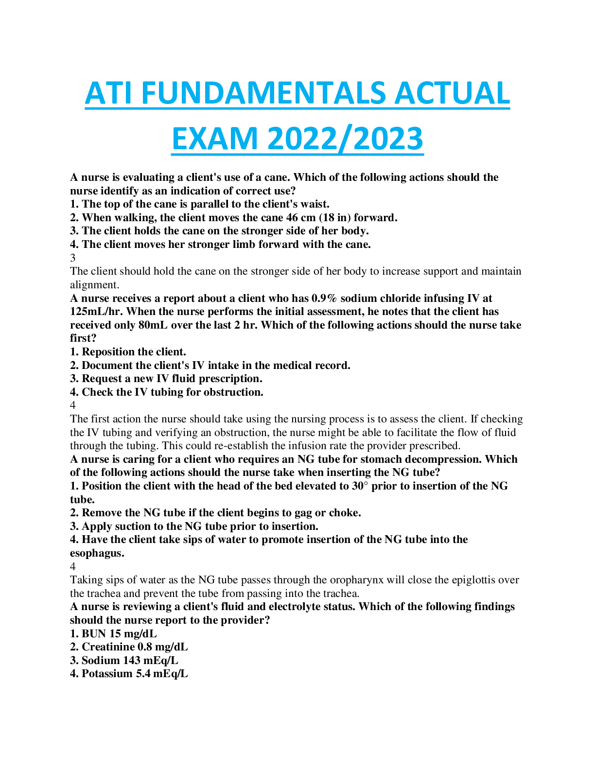 ATI FUNDAMENTALS ACTUAL EXAM QUESTIONS AND ANSWERS 2022/2023 FALL ...