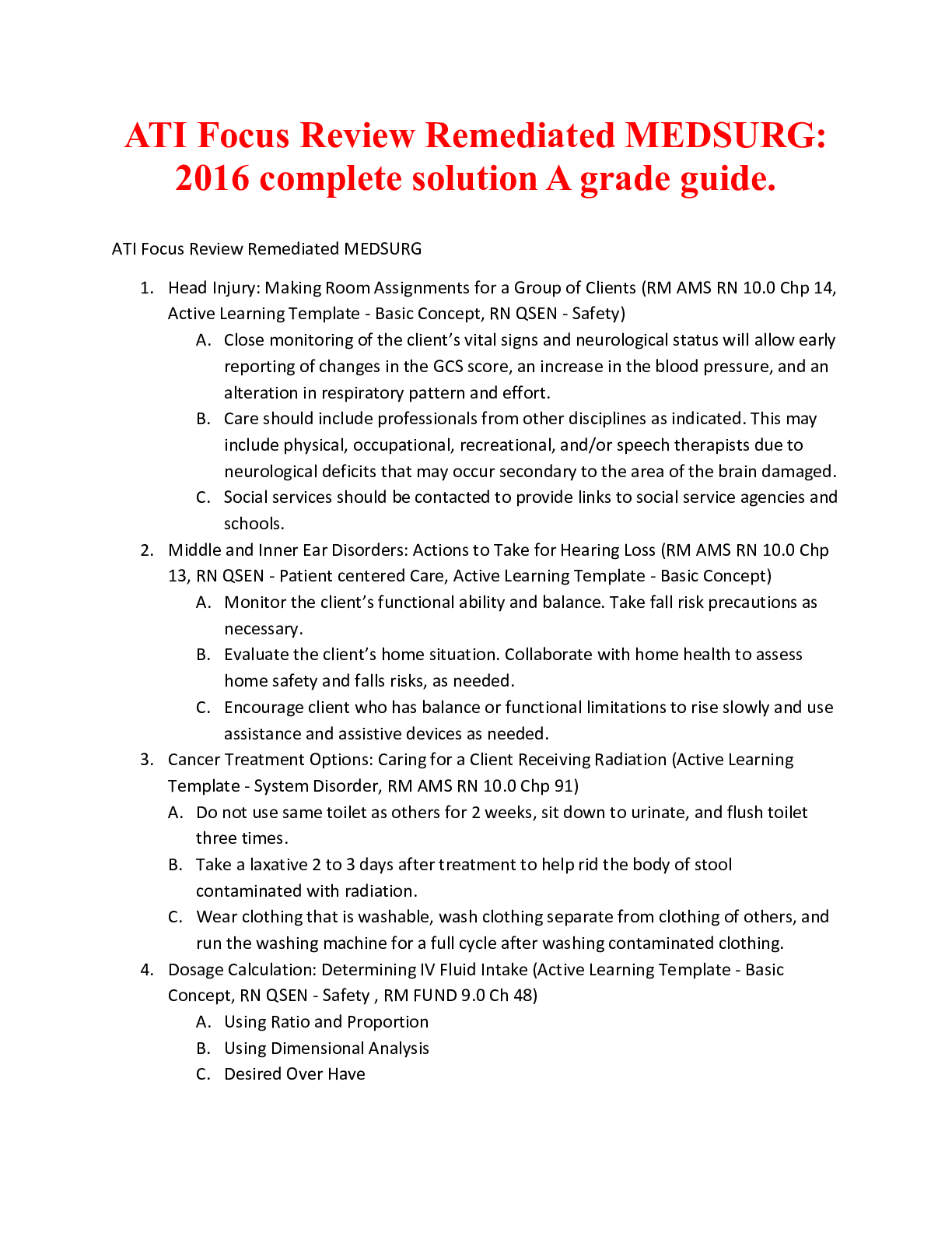 ATI Focus Review Remediated MEDSURG: 2016 complete solution A grade ...