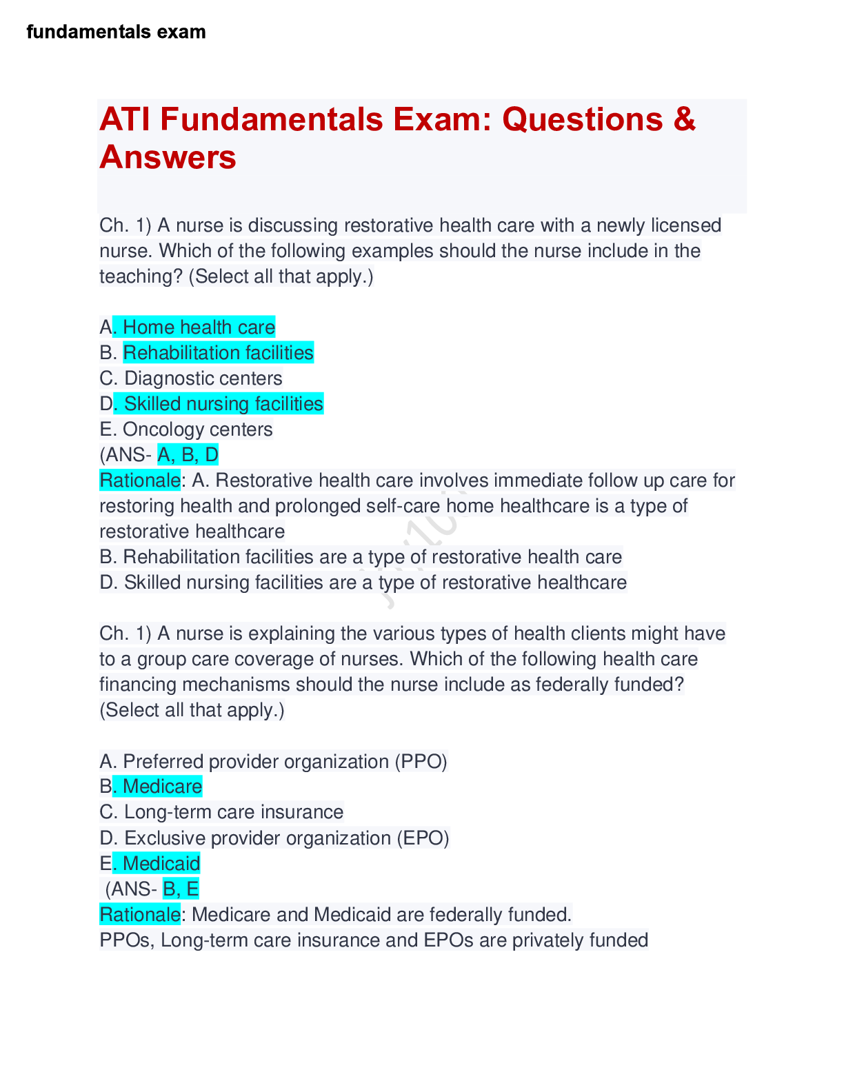 Fundamentals Exam: ATI Fundamentals Exam: Questions & Answers: Latest ...