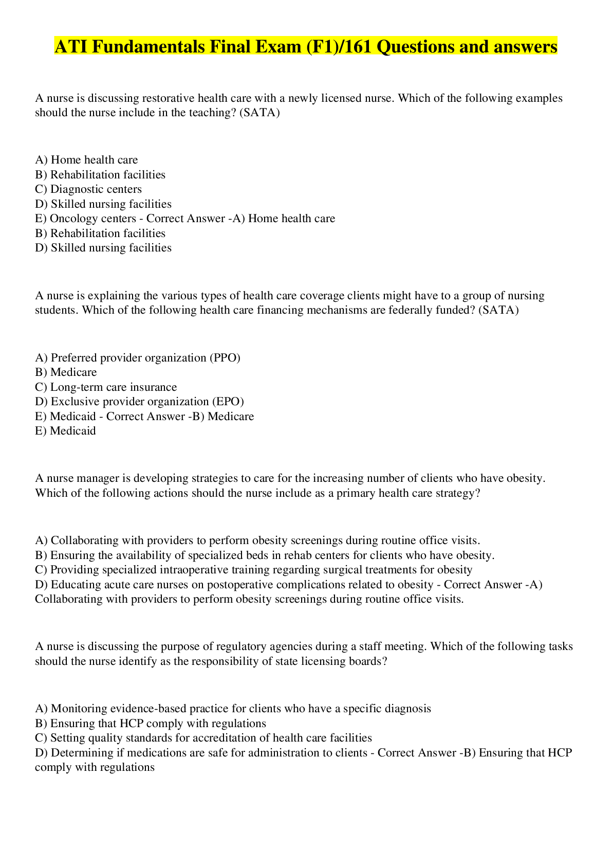 ATI Fundamentals Final Exam (F1)/161 Questions and answers - Scholarfriends