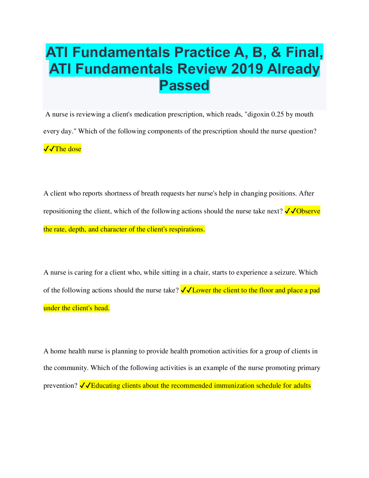 ATI Fundamentals Bundled Exams Questions and Answers with Complete ...