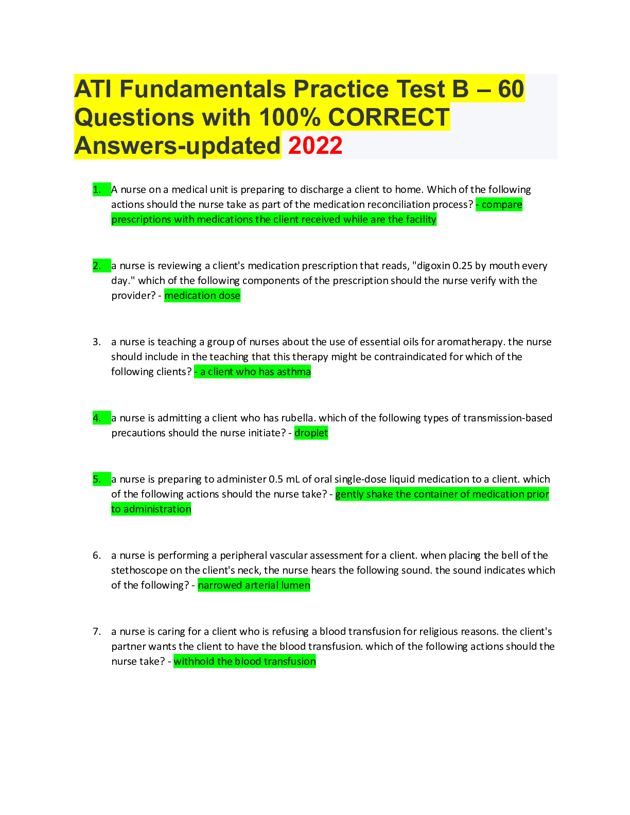 ATI Fundamentals Practice Test B – 60 Questions with 100% CORRECT ...
