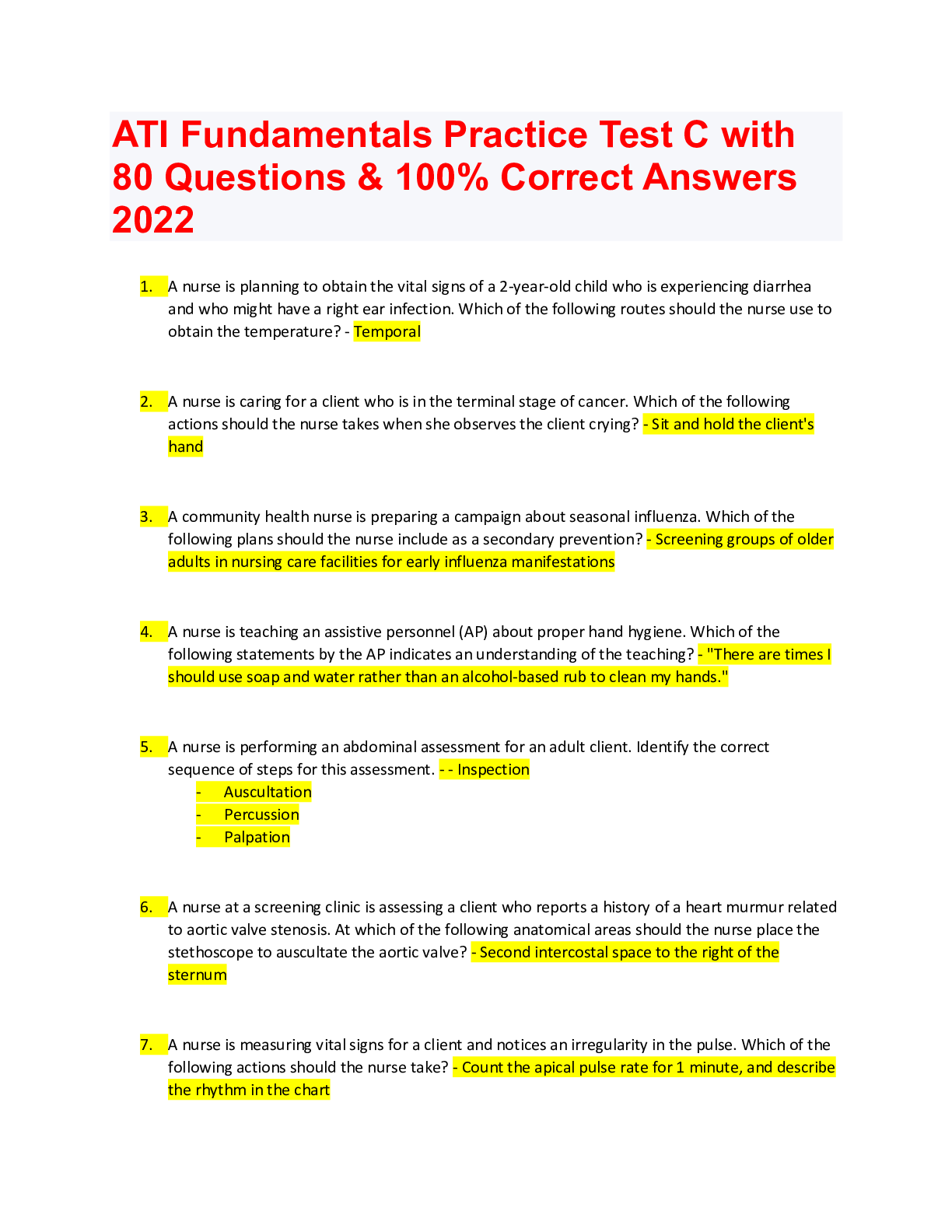 ATI Fundamentals Practice Test C with 80 Questions & 100% Correct ...