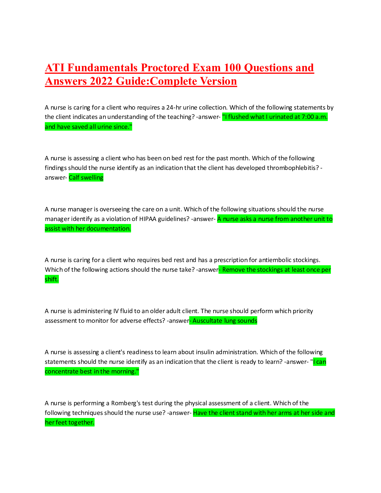 ATI Fundamentals Proctored Exam 100 Questions and Answers 2023 ...