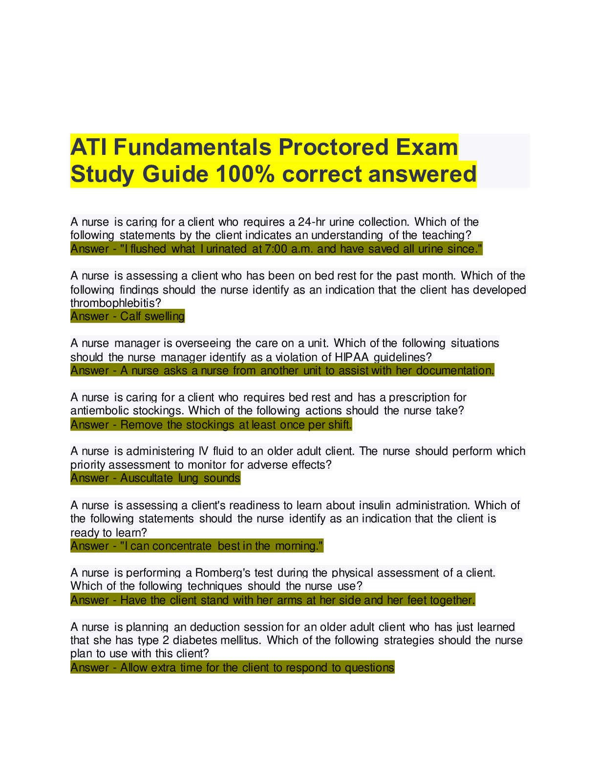 ATI Fundamentals Proctored Exam Study Guide 100% correct answered ...