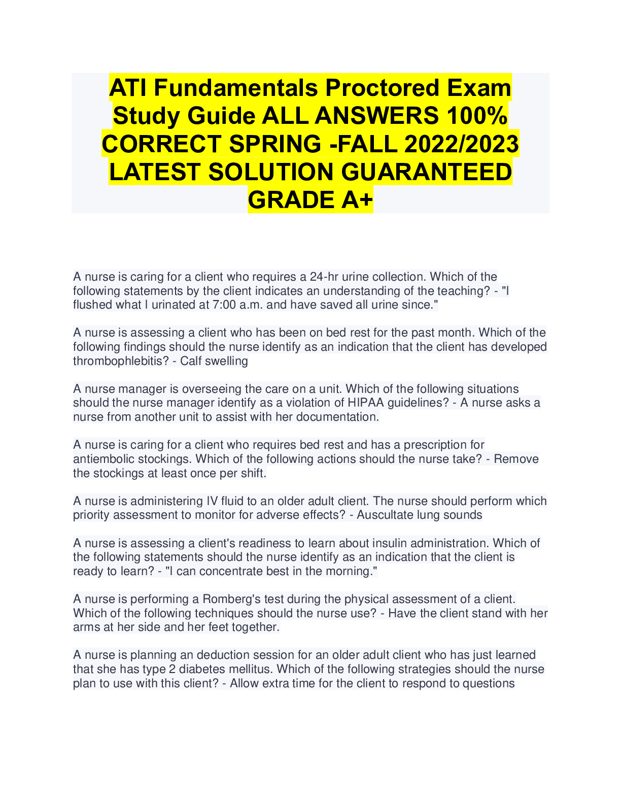 ATI Fundamentals Proctored Exam Study Guide ALL ANSWERS 100% CORRECT ...