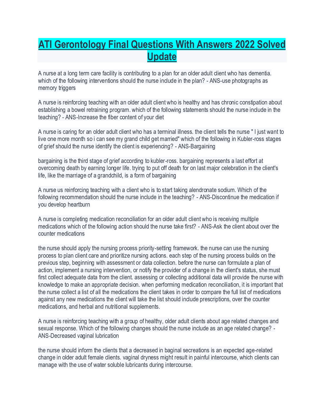 ATI Gerontology Final Questions With Answers 2022 Solved Update ...