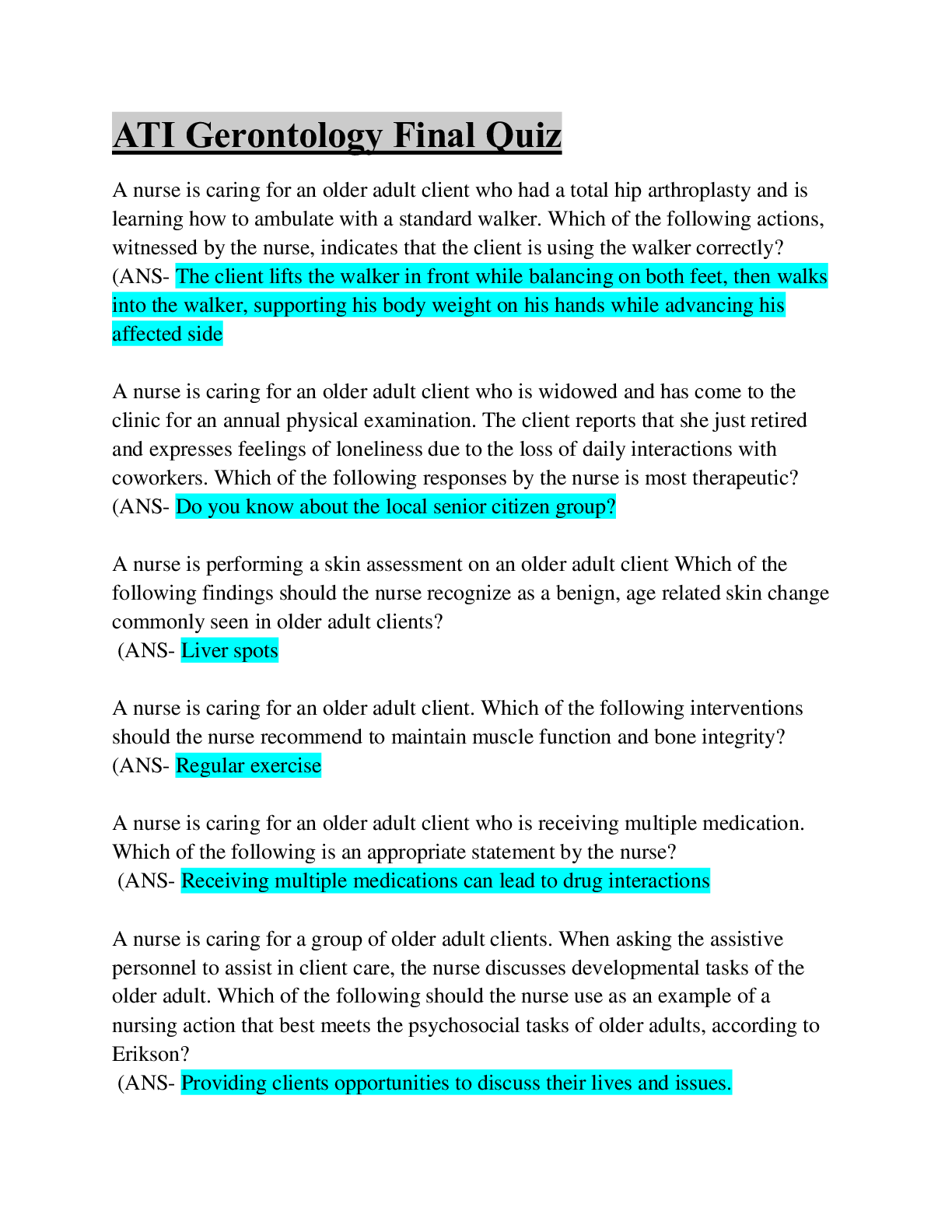 ATI Gerontology Final Quiz/ A+Guide/ Questions & Answers ...