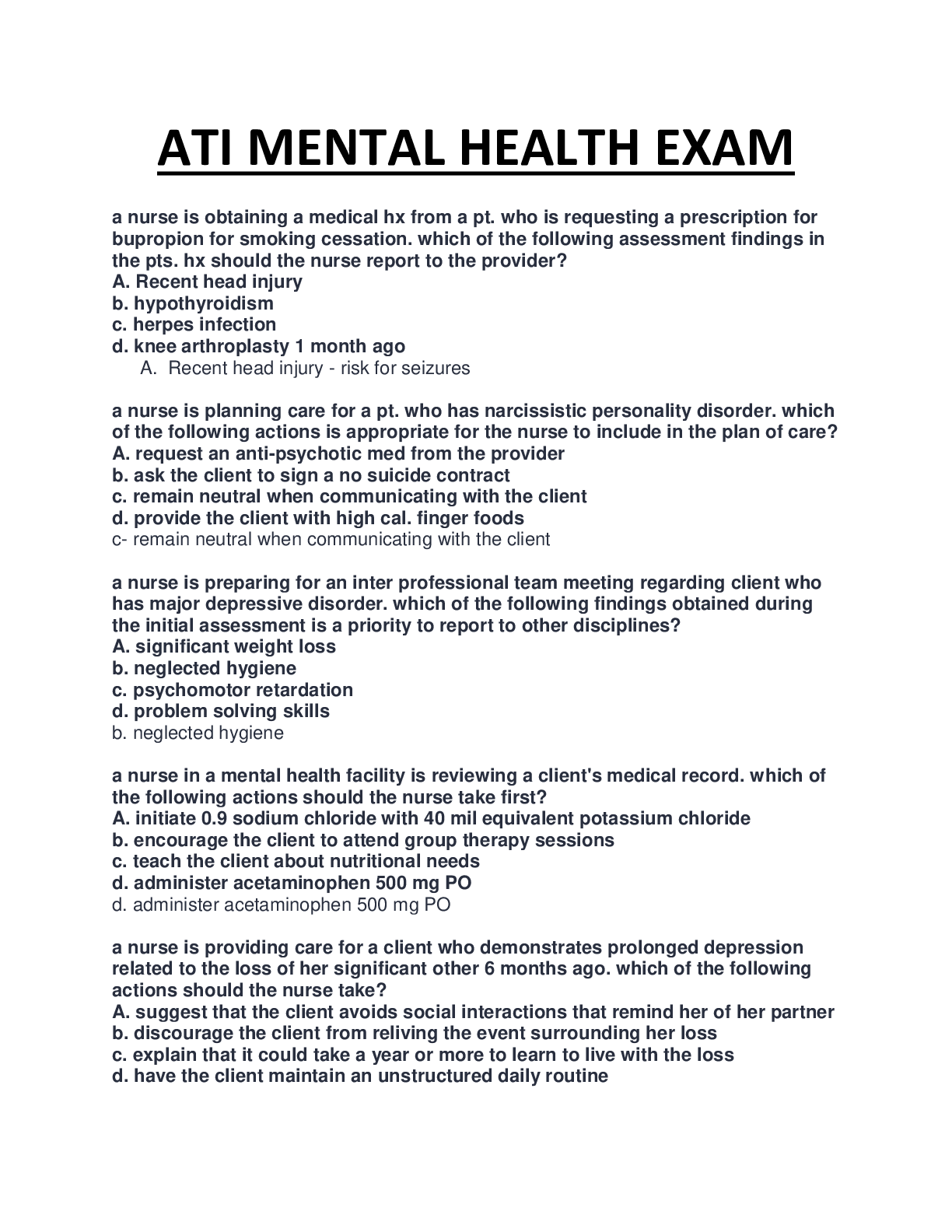 ATI MENTAL HEALTH PROCTORED EXAM QUESTIONS AND ANSWERS COMPLETE GUIDE ...