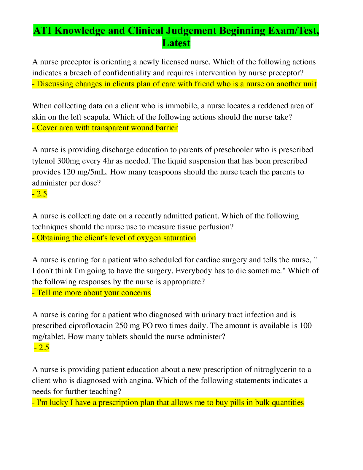 ATI Knowledge and Clinical Judgement Beginning Test - Scholarfriends