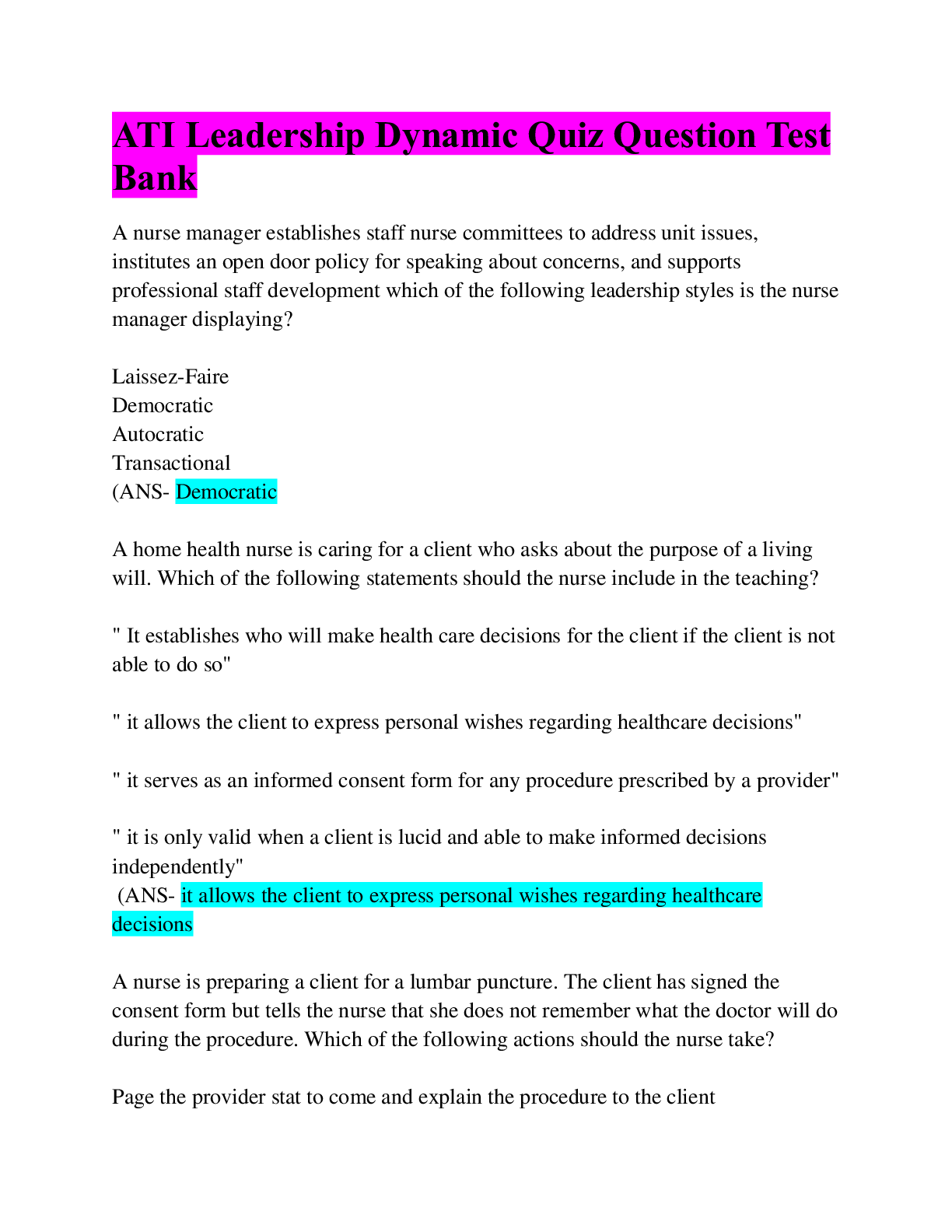 ATI Leadership Dynamic Quiz Question Test Bank/ Q & A – Scholarfriends ...