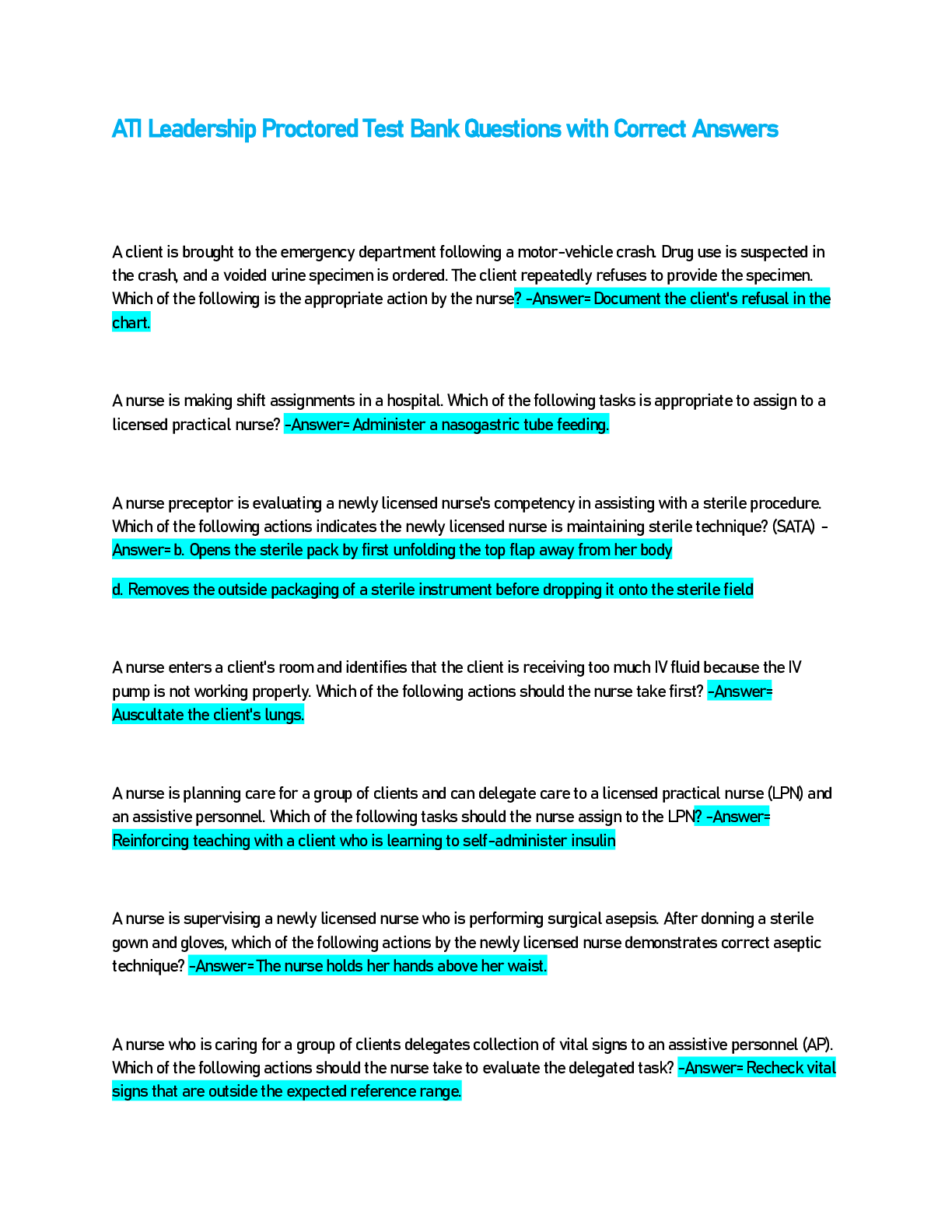ATI Leadership Proctored Complete Study Set with Verified Answers 2022 ...