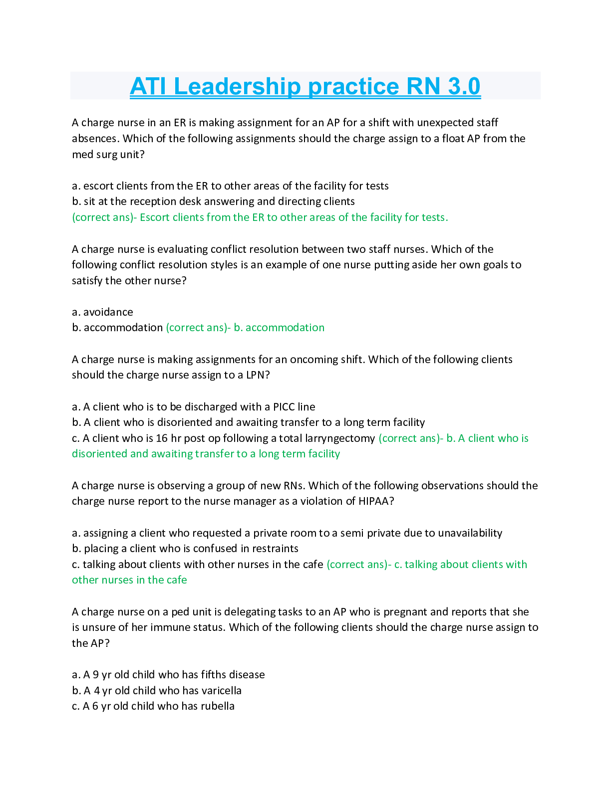 ATI Leadership practice rn 3.0 2022 - Scholarfriends