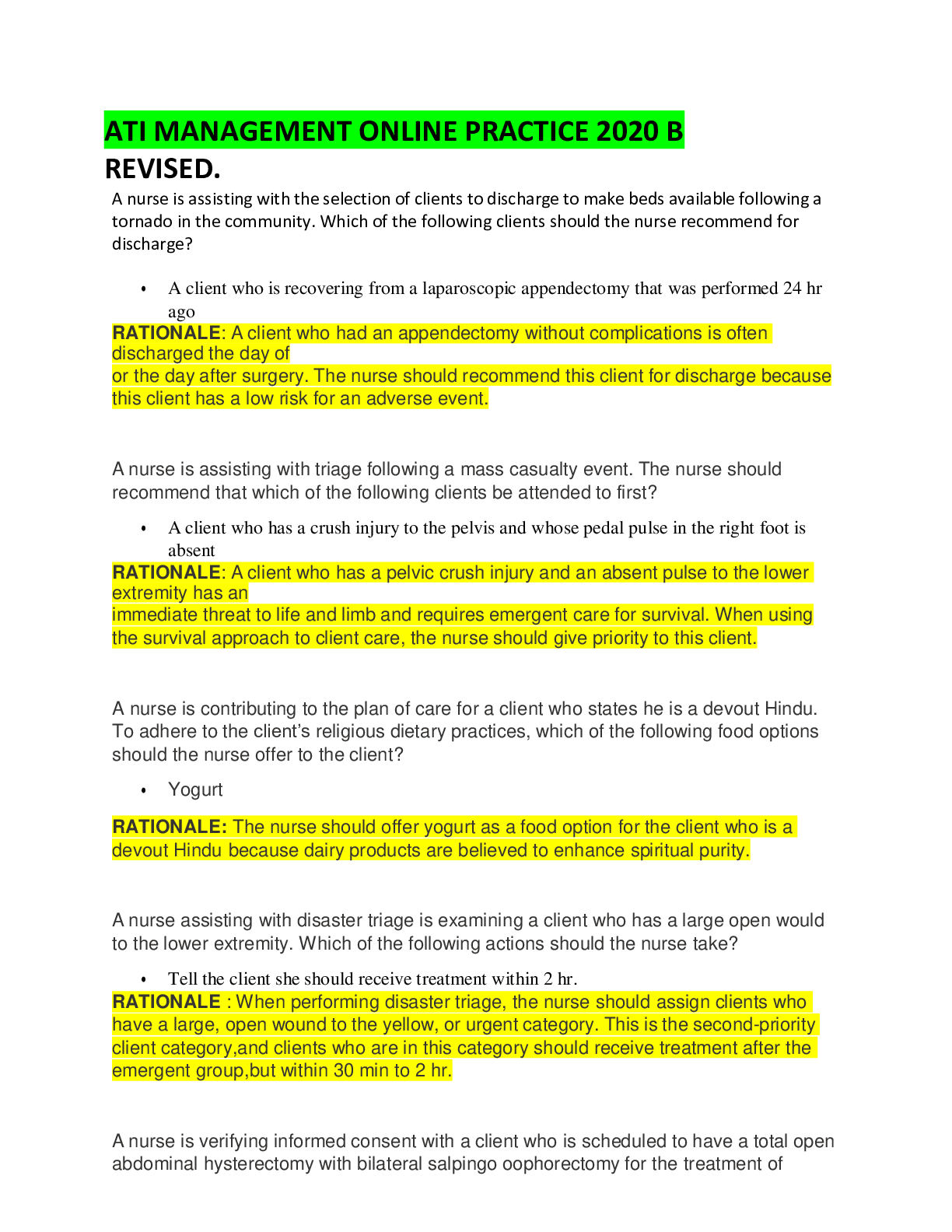 ATI MANAGEMENT ONLINE PRACTICE 2020 B REVISED. - Scholarfriends