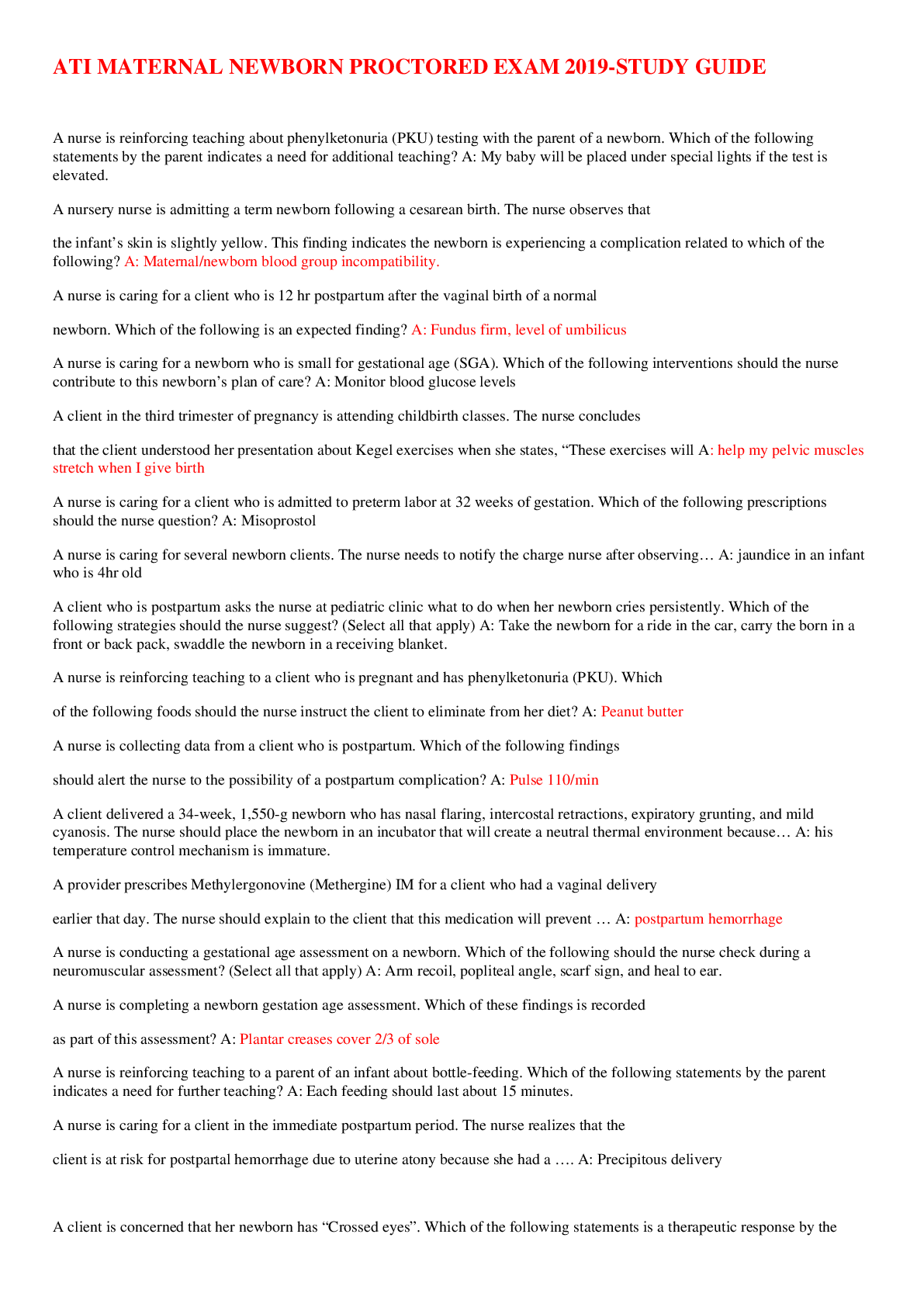 ATI MATERNAL NEWBORN PROCTORED EXAM 2019,-STUDY GUIDE – Scholarfriends ...