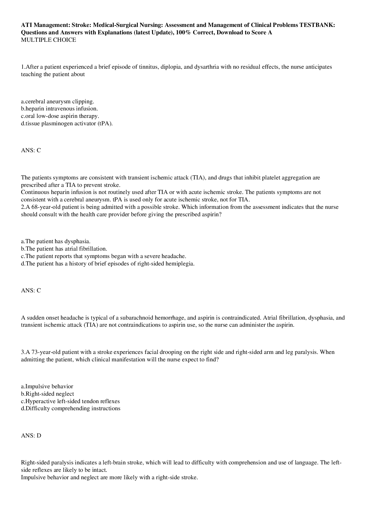 ATI Management: Stroke: Medical-Surgical Nursing: Assessment and ...