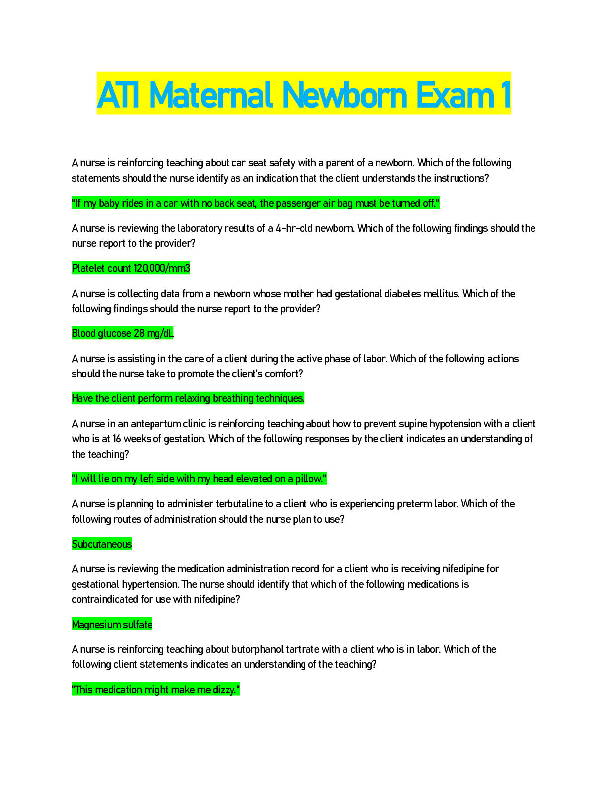 ATI Maternal Newborn Exam 1 - Scholarfriends