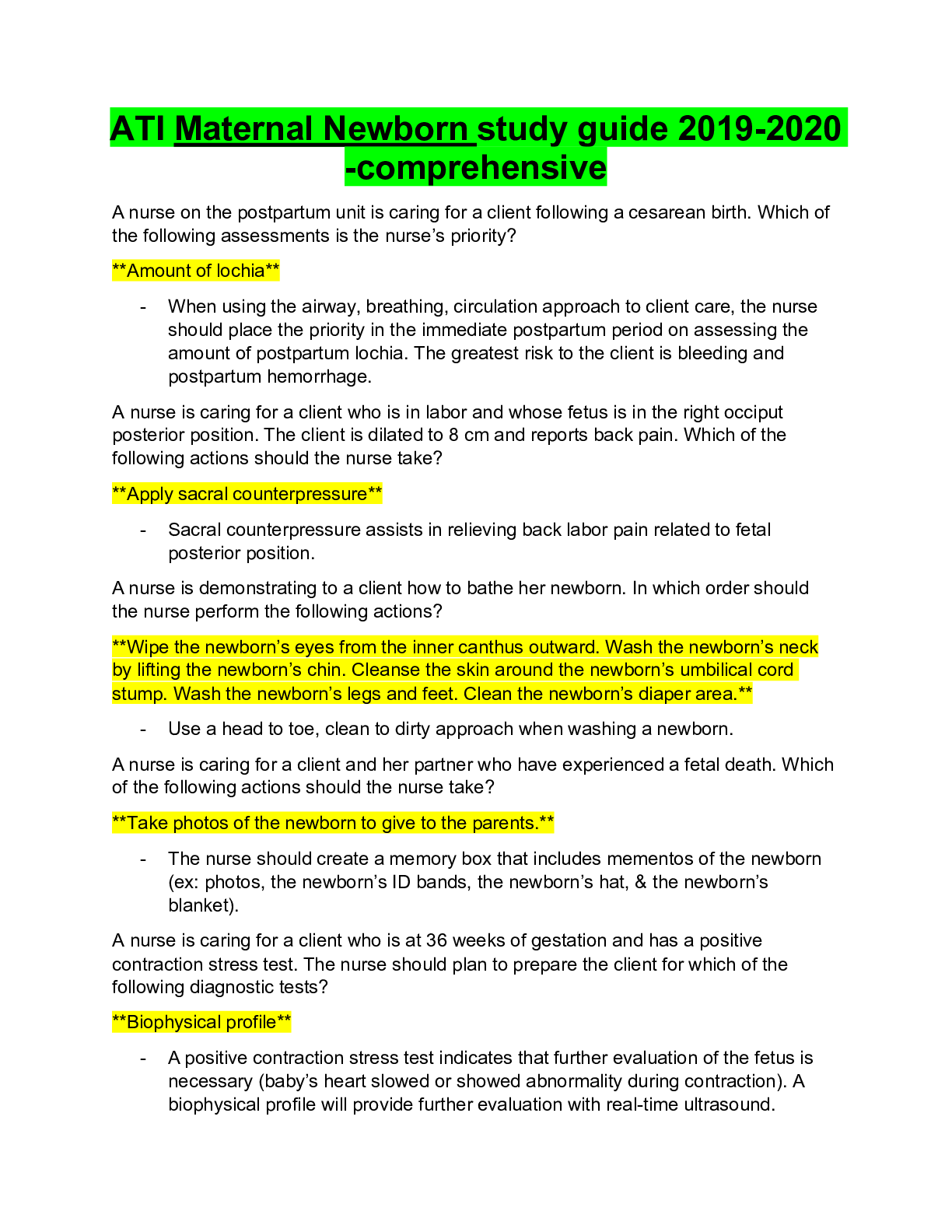 ATI Maternal Newborn study guide 2019-2020 -comprehensive - Scholarfriends