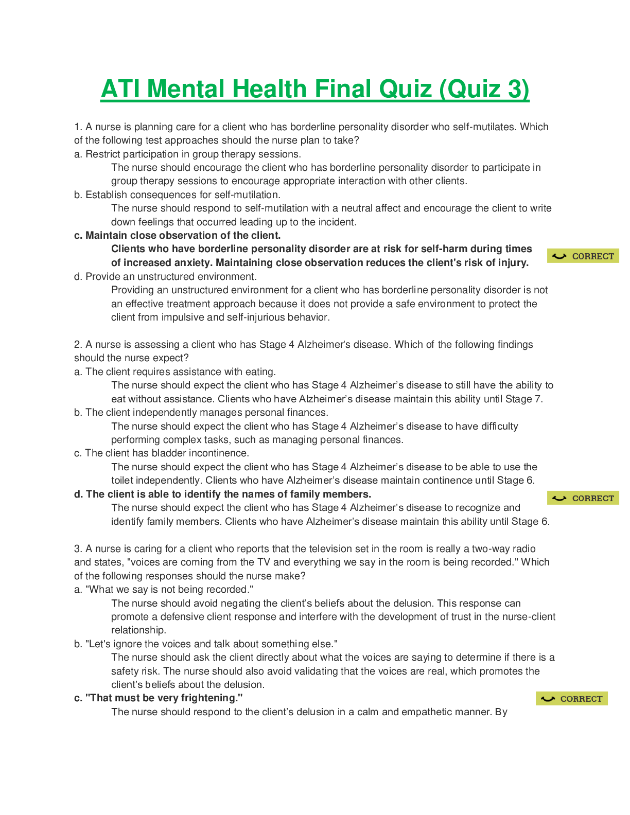 ATI Mental Health Final Quiz With Answers & Explanations - Scholarfriends