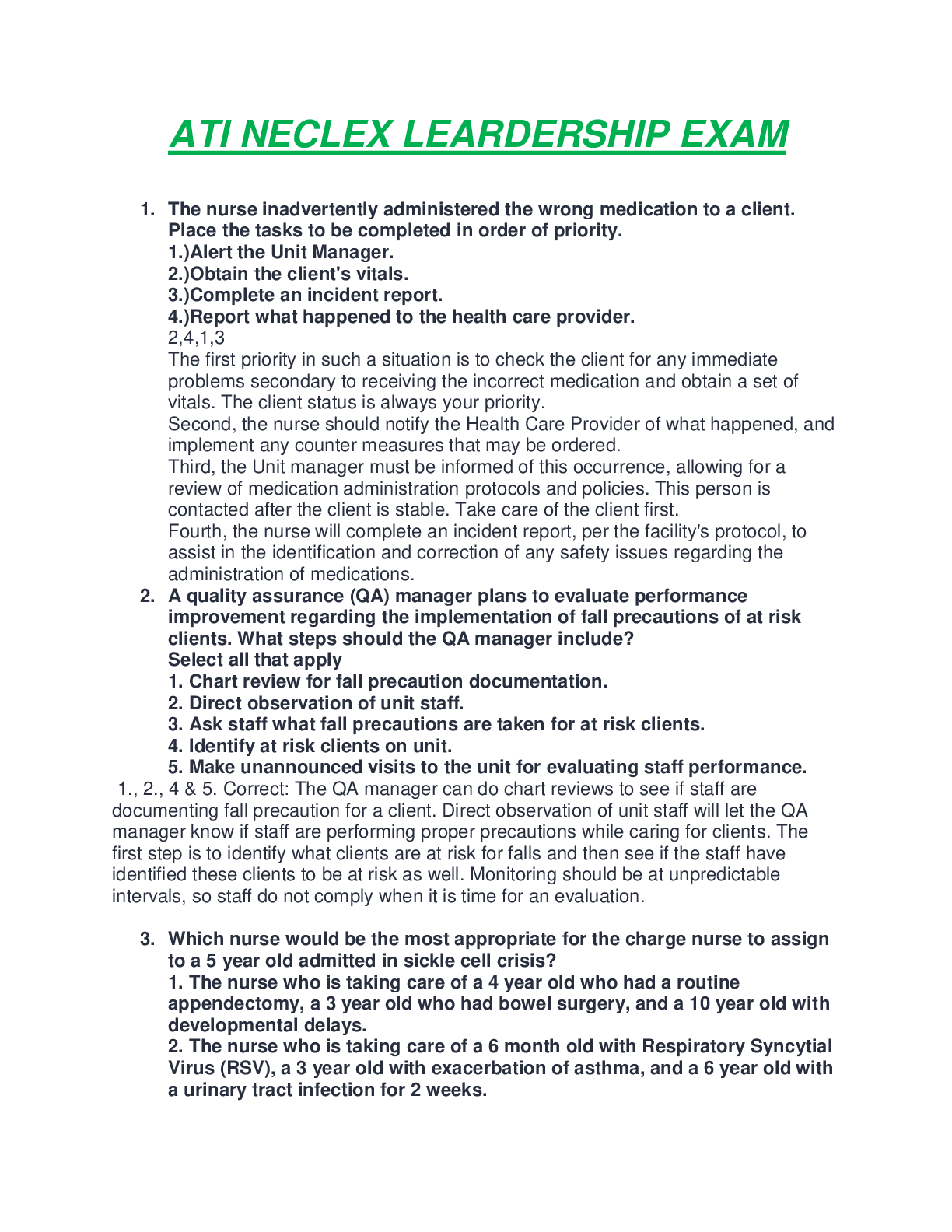 ATI NCLEX LEADERSHIP EXAM NEW UPDATED SOLUTIONS GUIDE CHAMBERLAIN ...