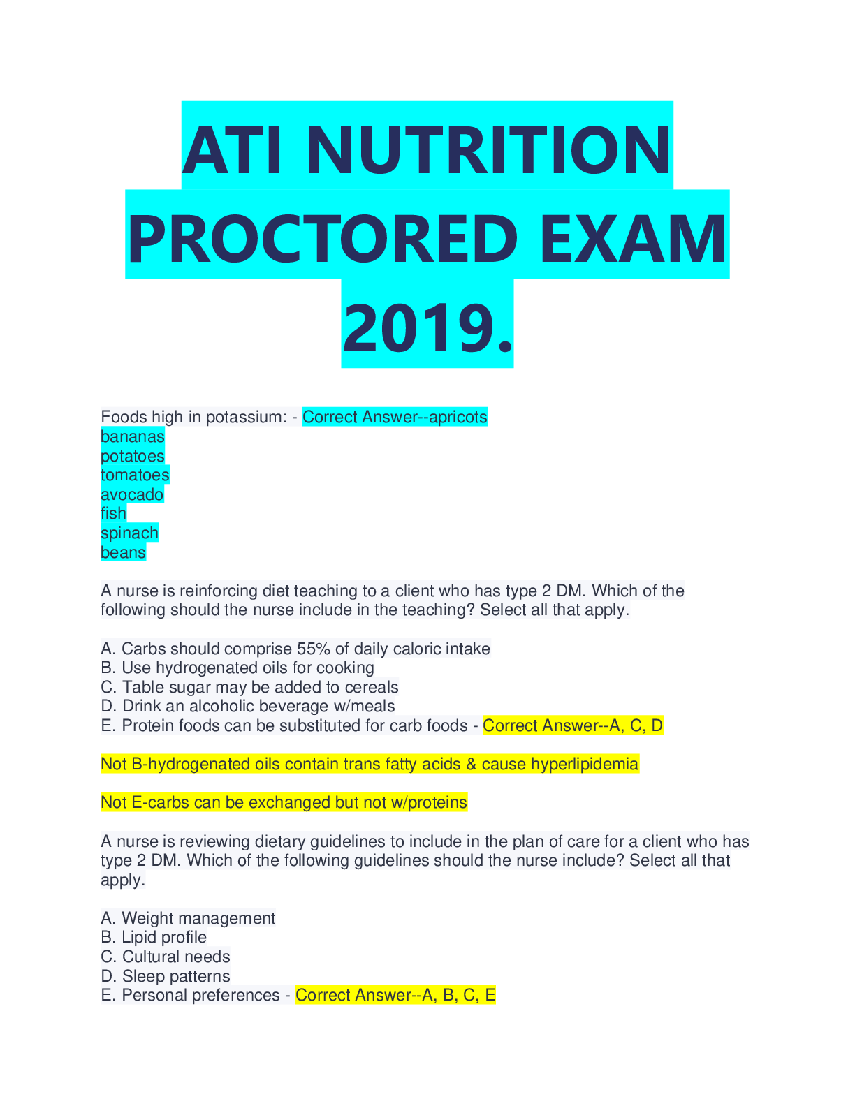 ATI NUTRITION PROCTORED EXAM 2019. QUESTIONS WITH VERIFIED ANSWERS ...